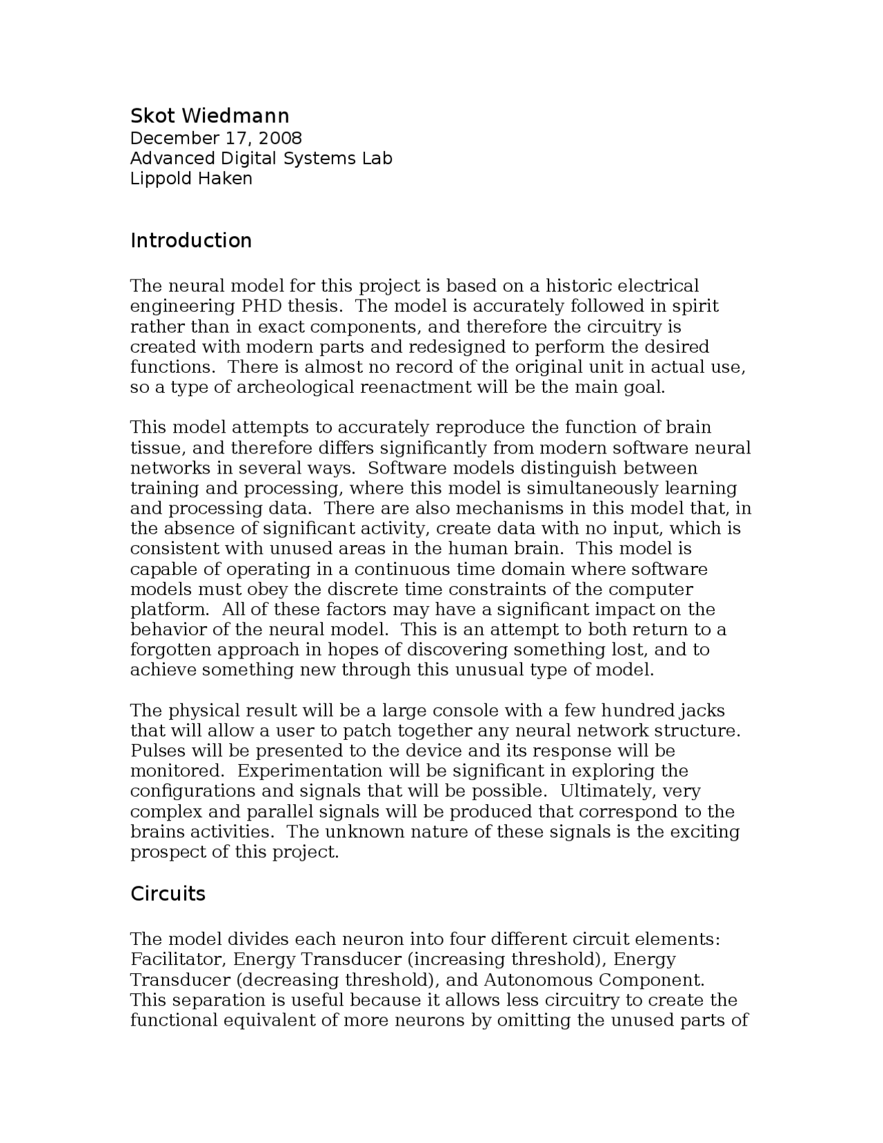 The Neural Model Advanced Digital Projects Lab Ece 395 Docsity