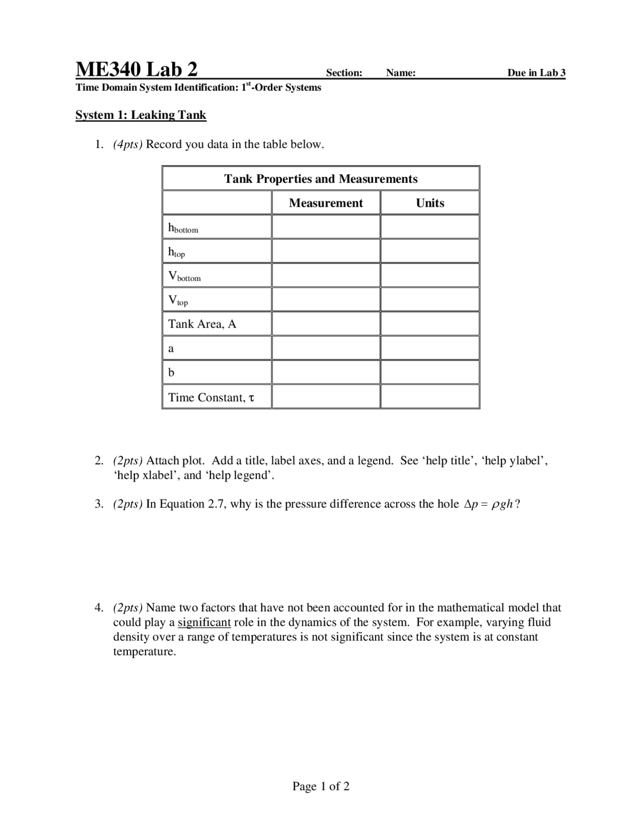 Time Domain System Identification: First Order Systems - Lab 2 | ME 340 - Docsity