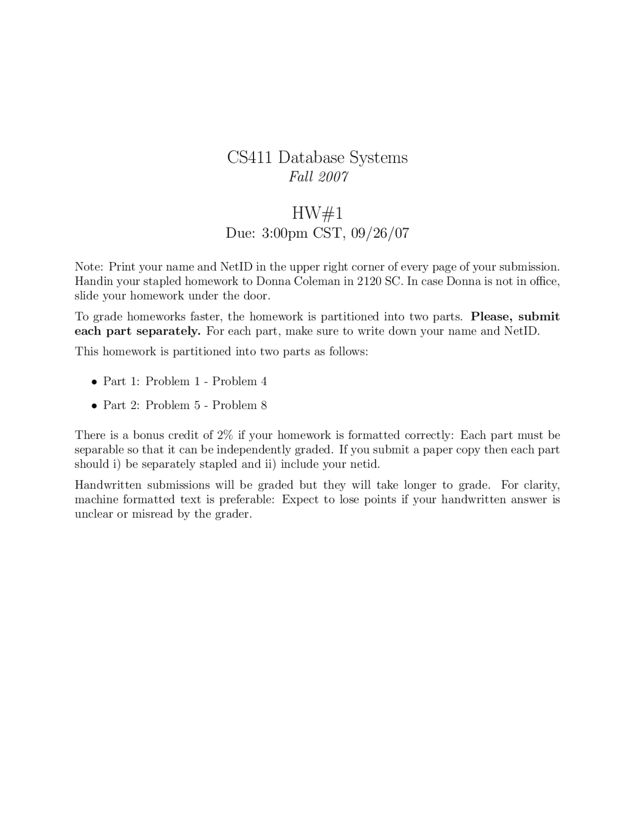 Assignment 1 Solved Questions Database Systems Cs 411 Docsity