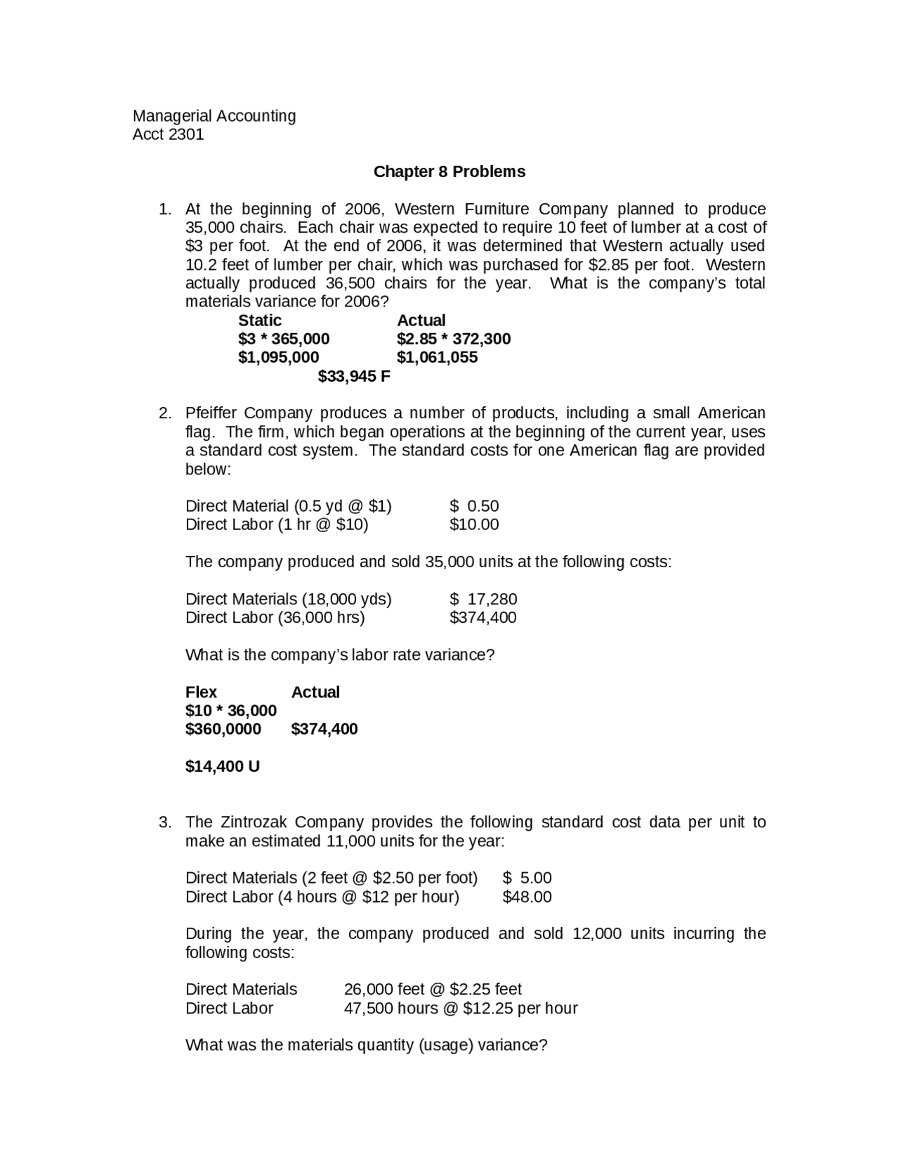 Managerial Accounting Assignment 8 Acct 2301 Docsity