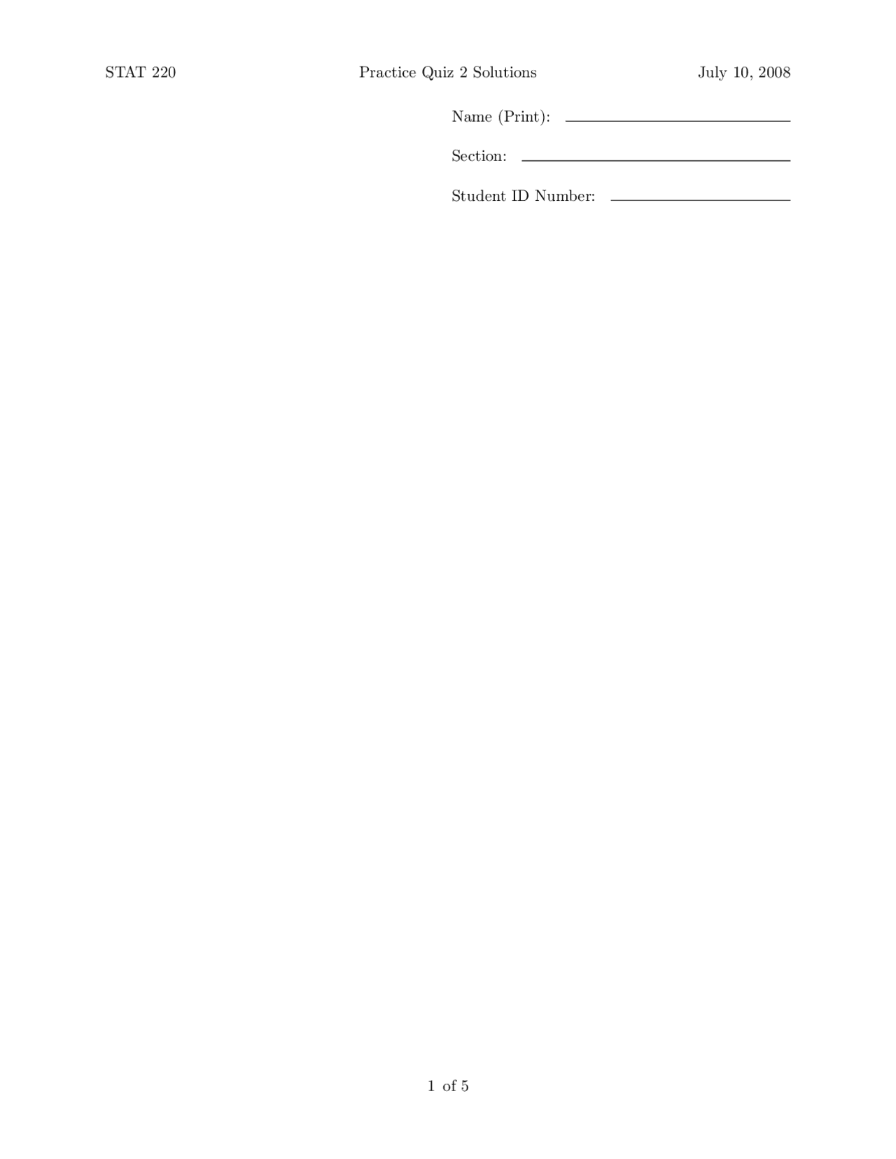 Stat 220 Practice Quiz 2 Solutions Normal Distribution Correlation And Percentiles Quizzes 1426