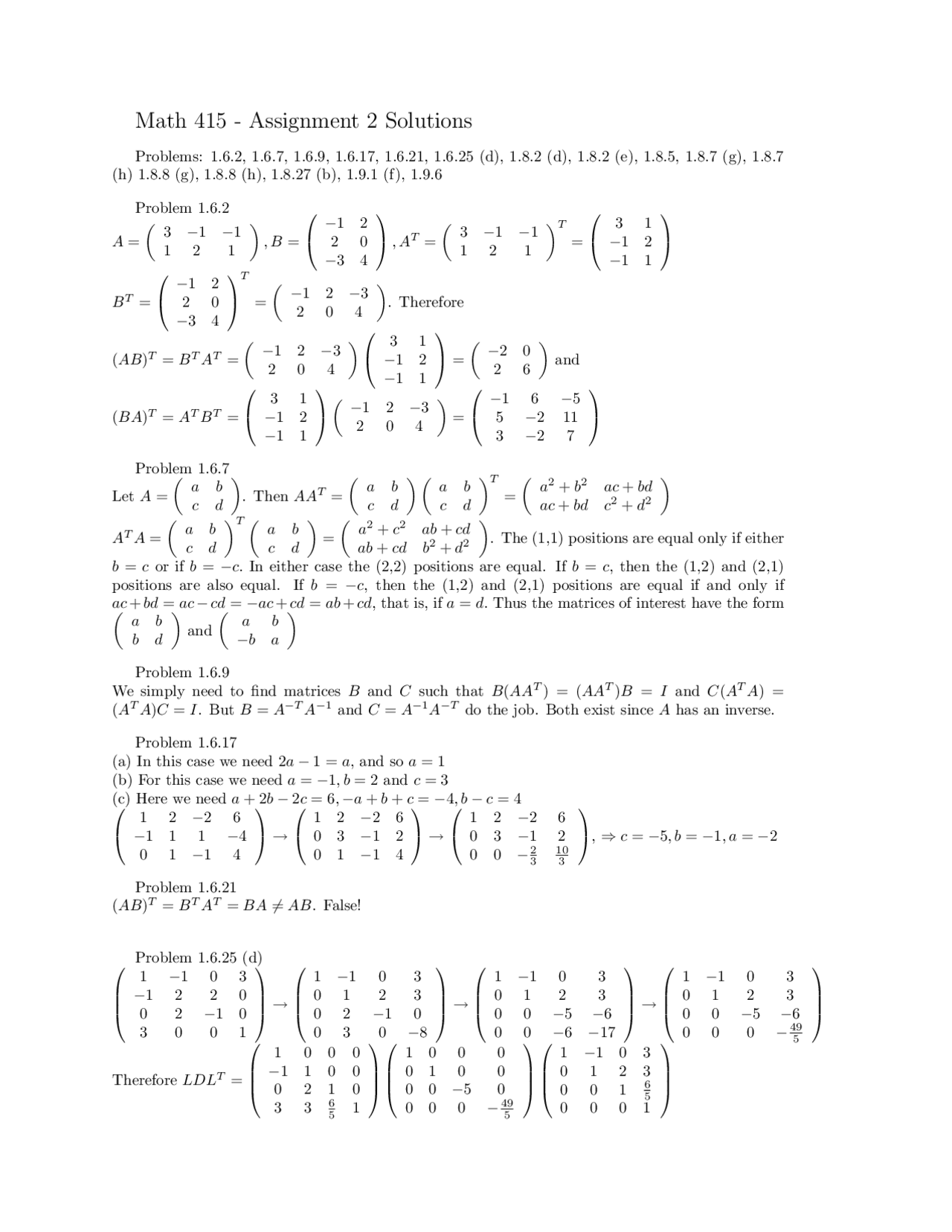 15 Solved Questions Of Applied Linear Algebra Assignment 2 Math 415