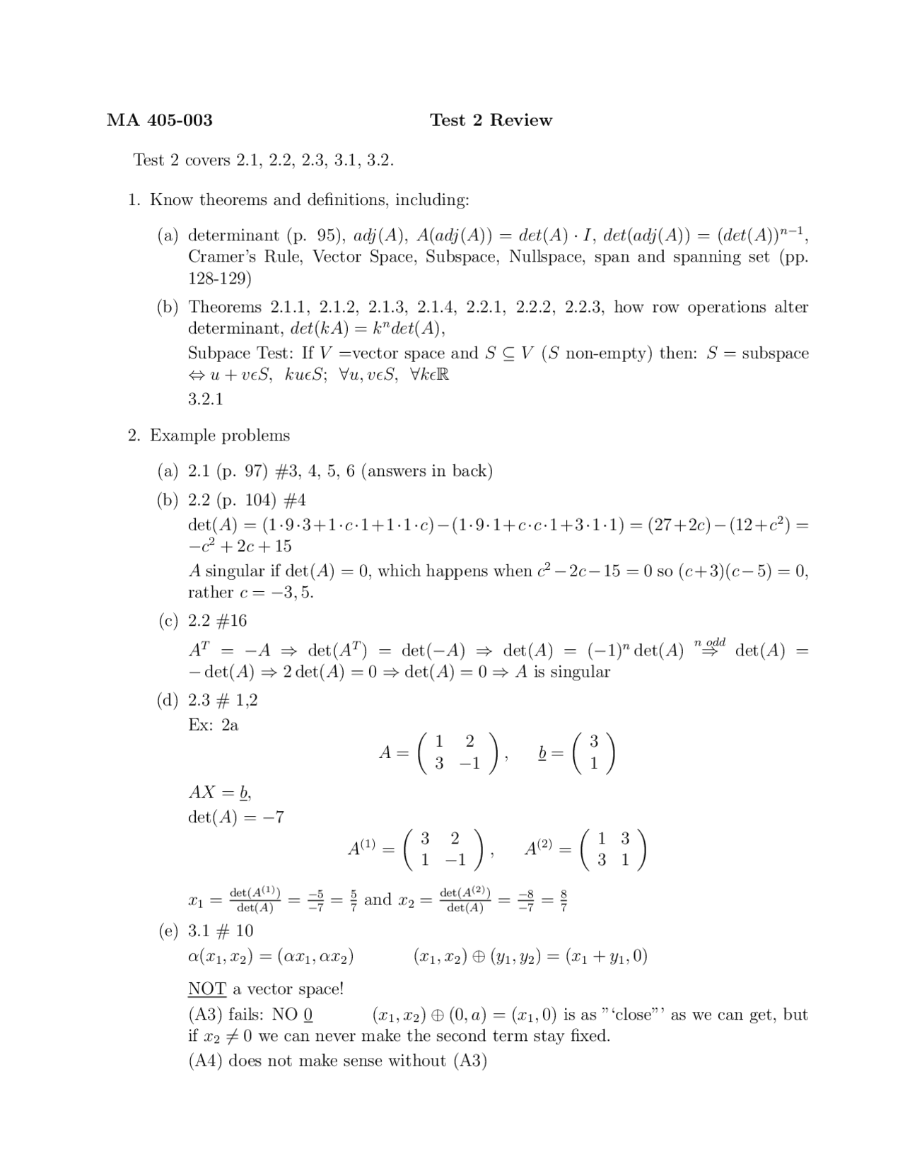 Solved Problems Of Introduction To Linear Algebra Review Sheet Ma