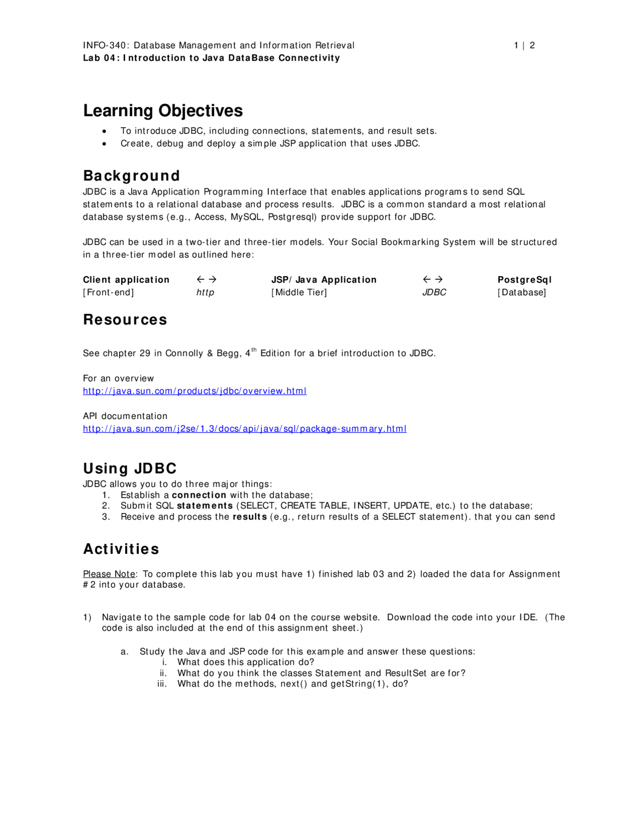 Introduction To Java Database Connectivity Laboratory 4 Info 340 Docsity