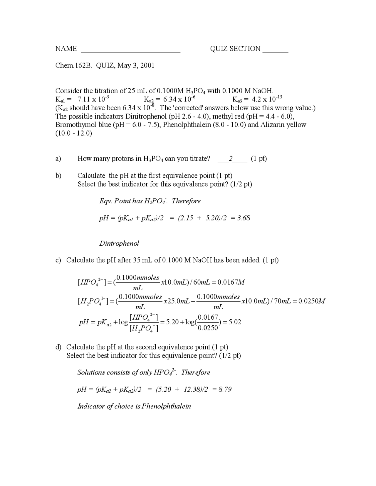 Practice Questions for Quiz - General Chemistry | CHEM 162 - Docsity