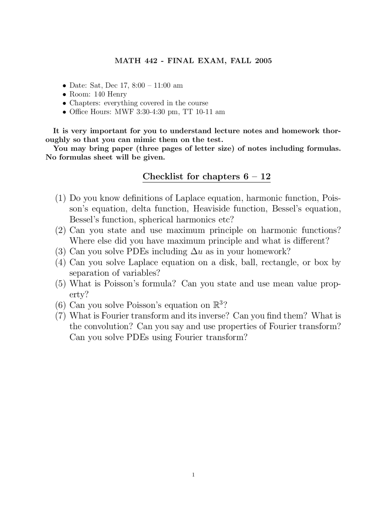 Introduction To Partial Differential Equations 7 Questions For Final
