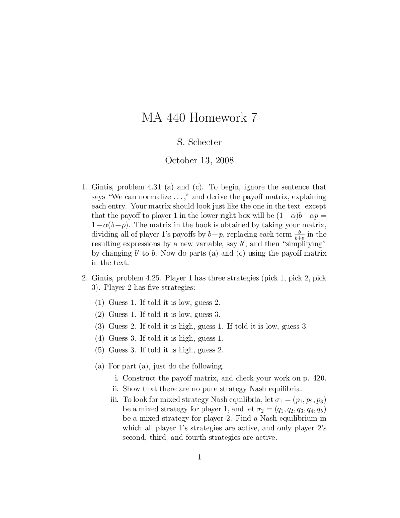 Assignment 7 With 4 Problems For Game Theory Ma 440 Docsity