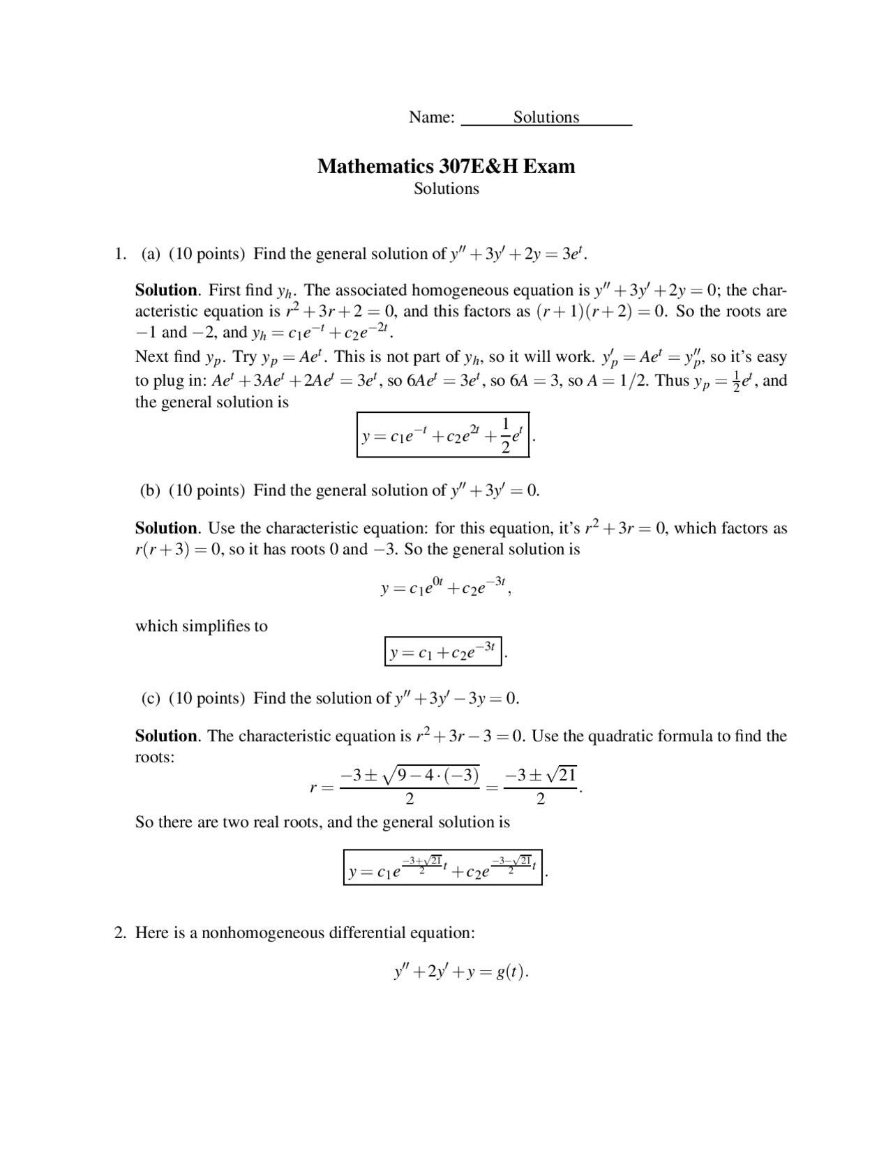 Exam I Solutions Introduction To Differential Equations Math 307