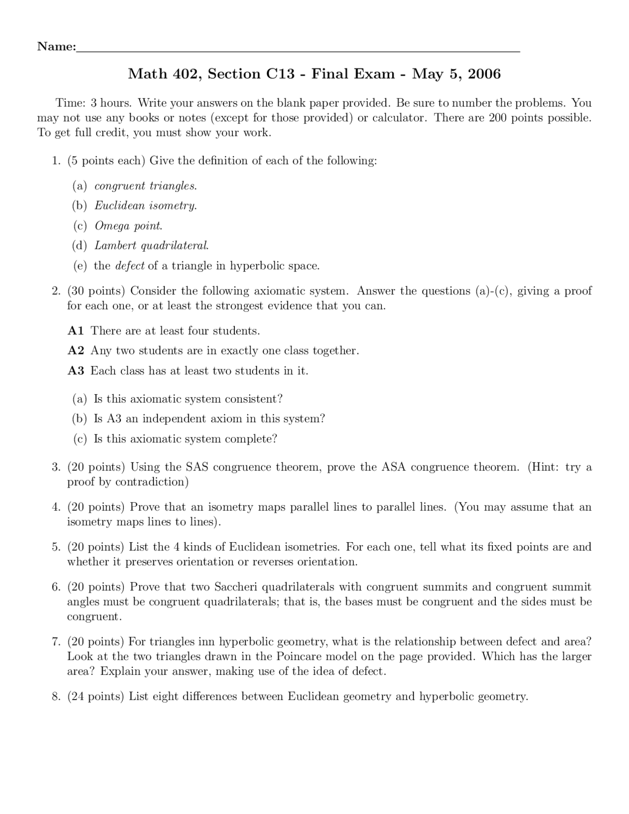 9 Questions On Non Euclidean Geometry Final Exam Math 402 Docsity