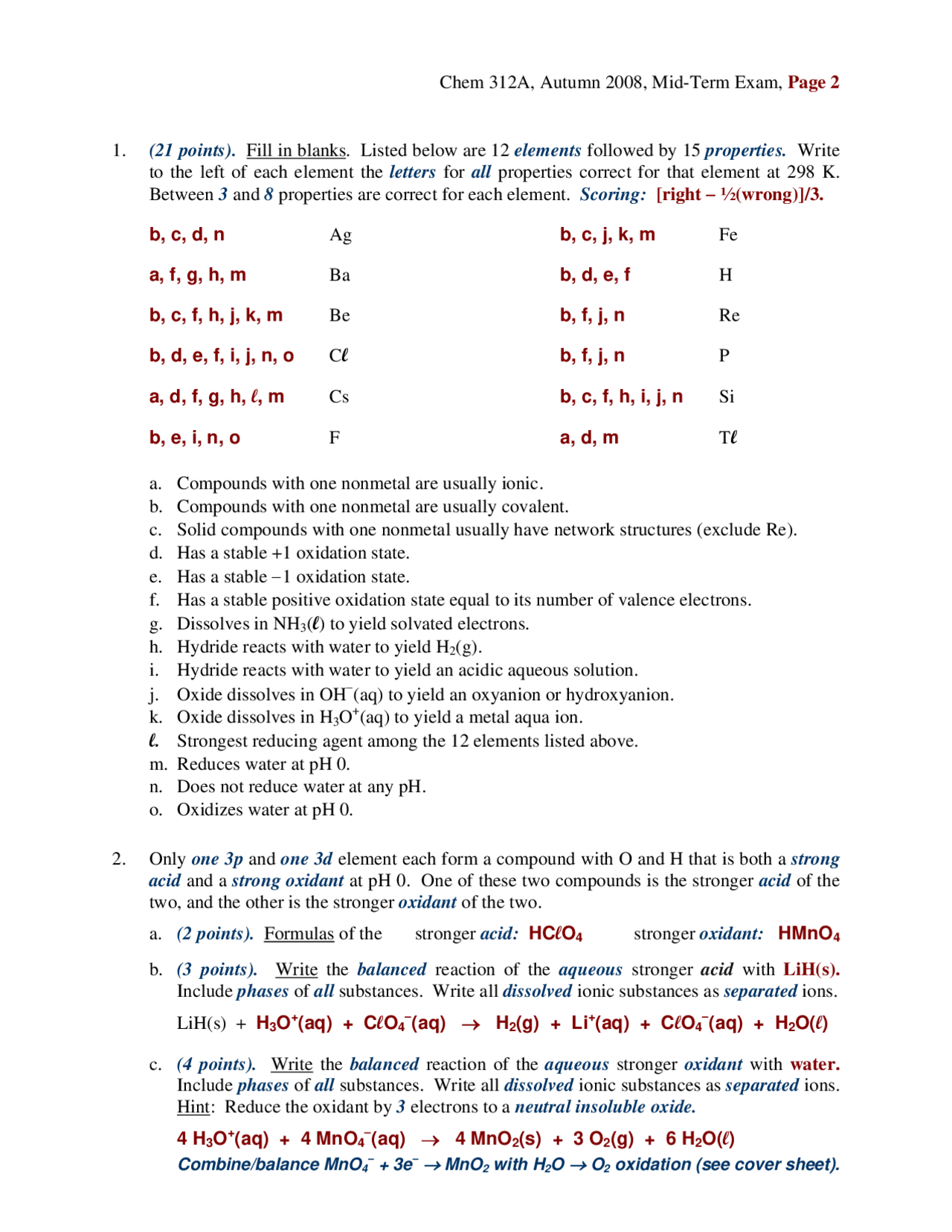 Midterm Exam Questions Inorganic Chemistry Chem 312 Docsity