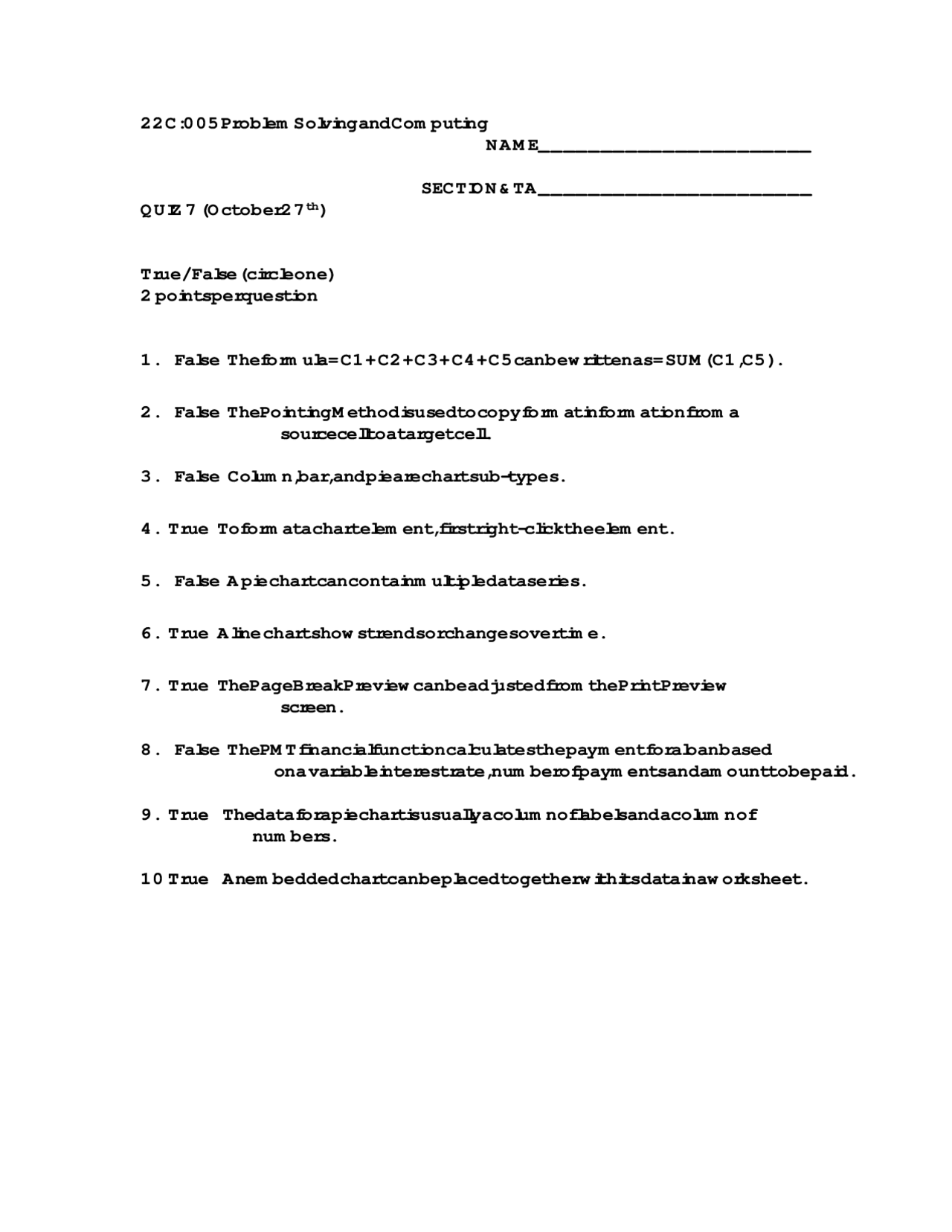 Quiz 7 Solutions Introduction To Computer Science 22c 005 Docsity