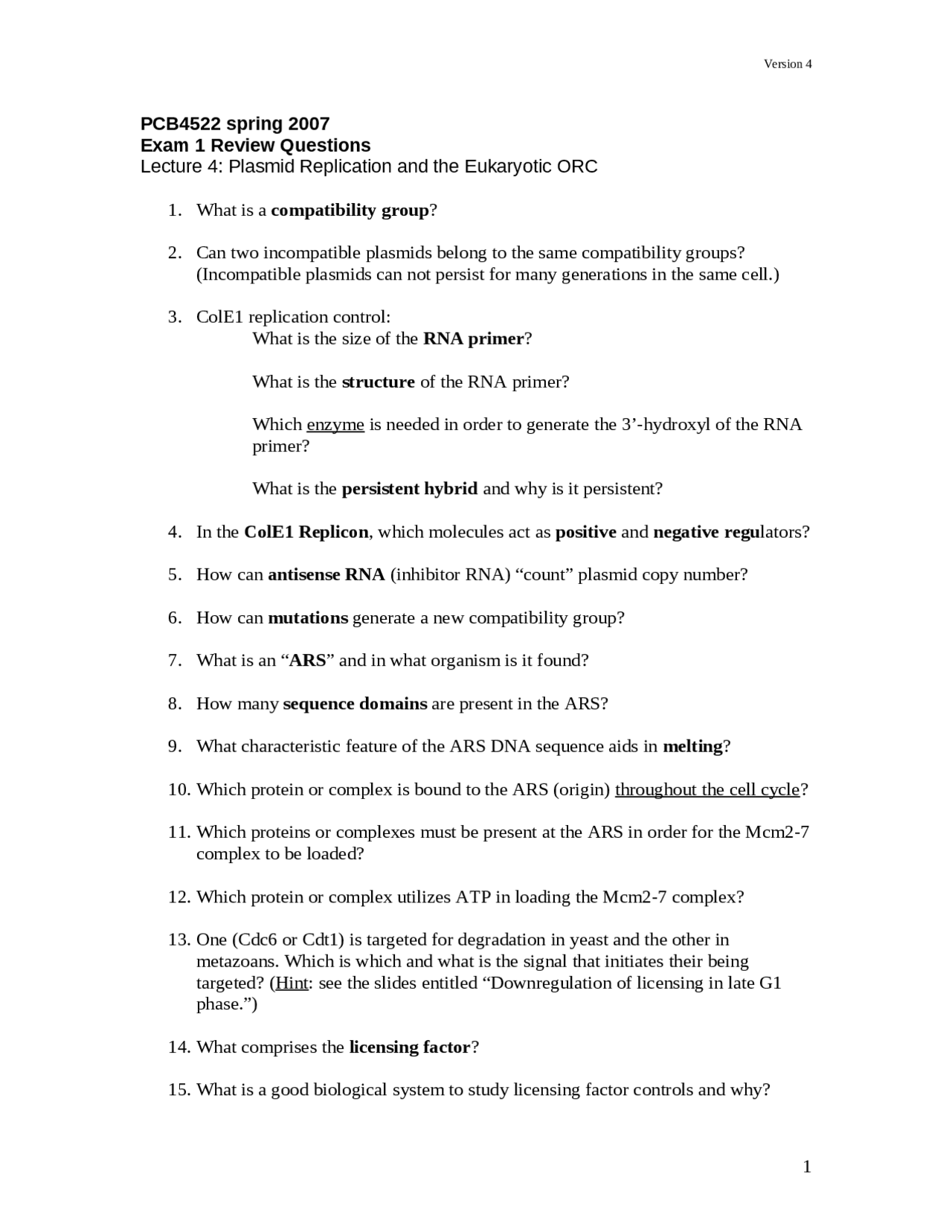 Exam 1 Review Questions Molecular Genetics Pcb 4522 Docsity