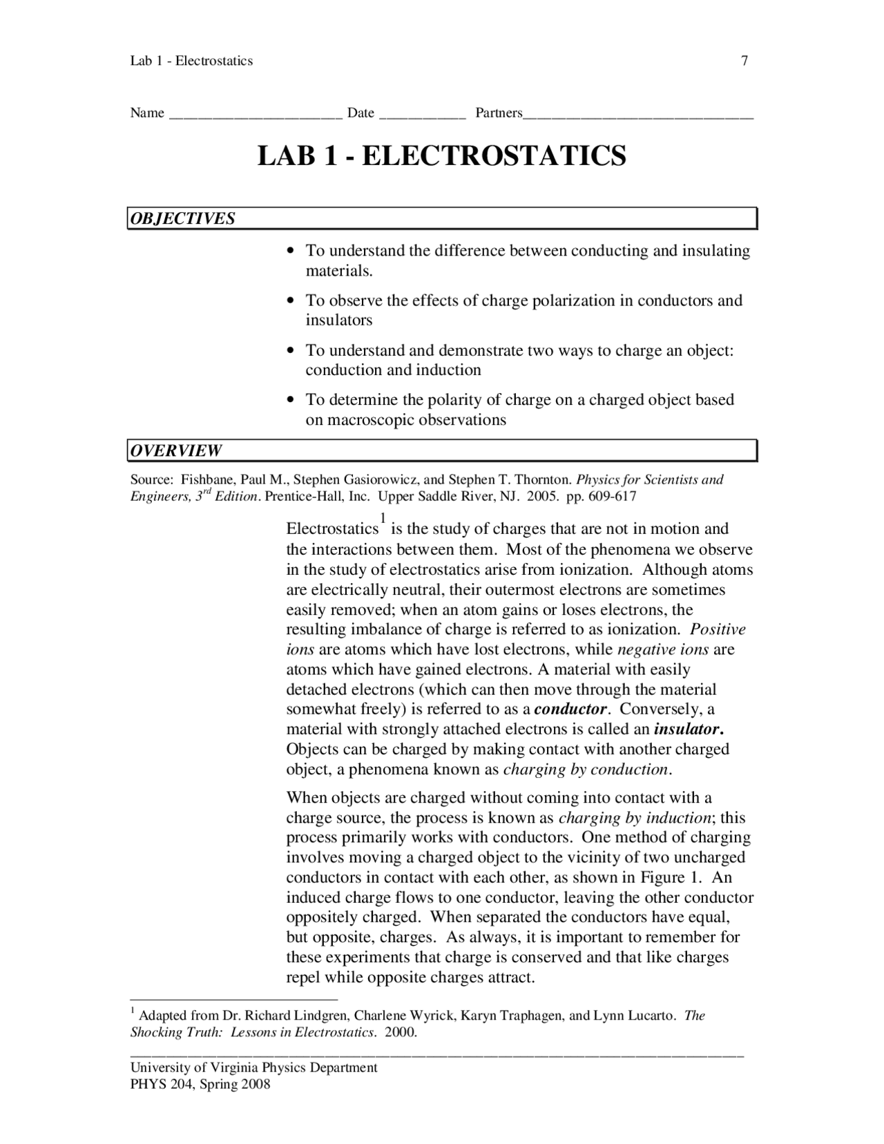Lab 1 for Electrostatics | Basic Physics Laboratory I | PHYS 2040 - Docsity