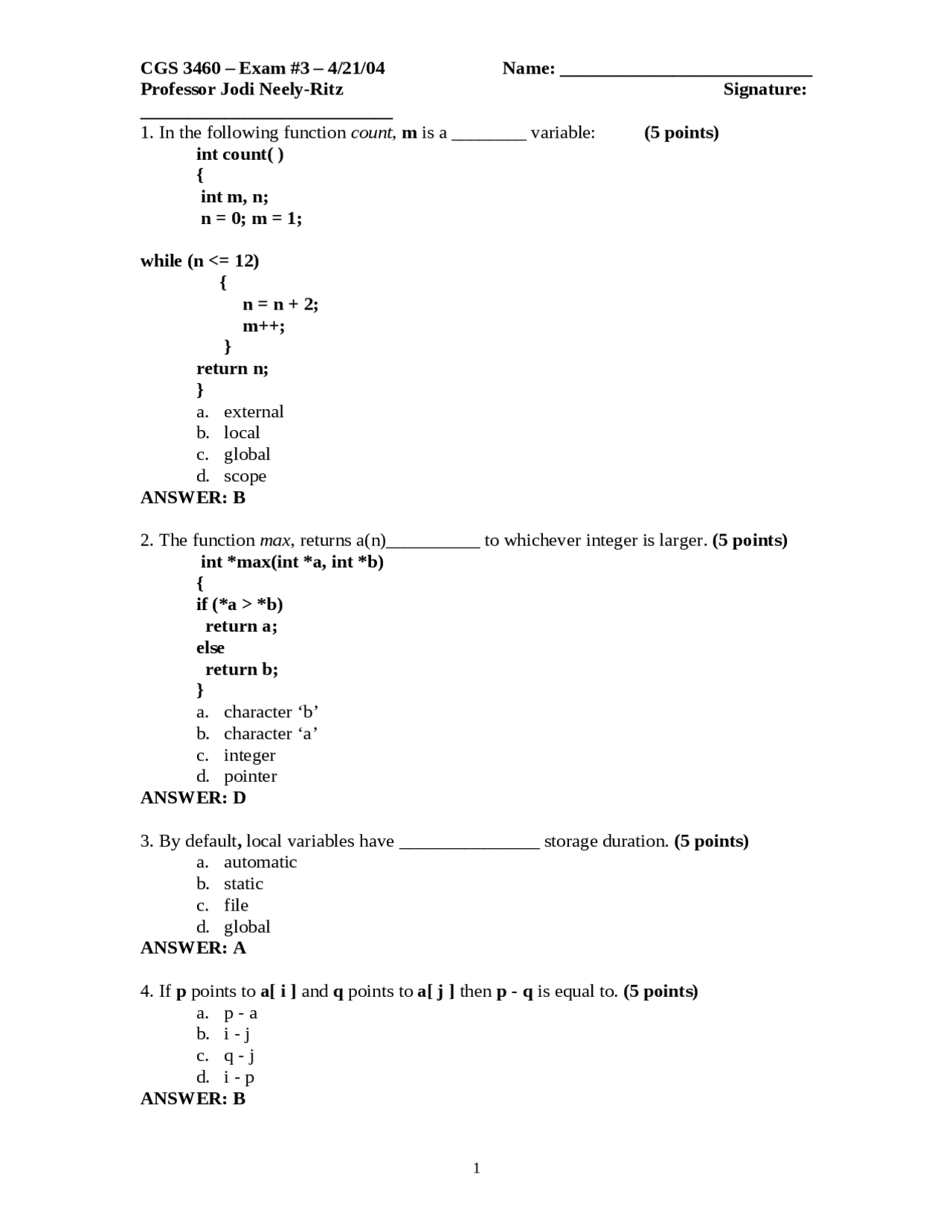 Exam 3 With Answers Programming Using C Cgs 3460 Docsity