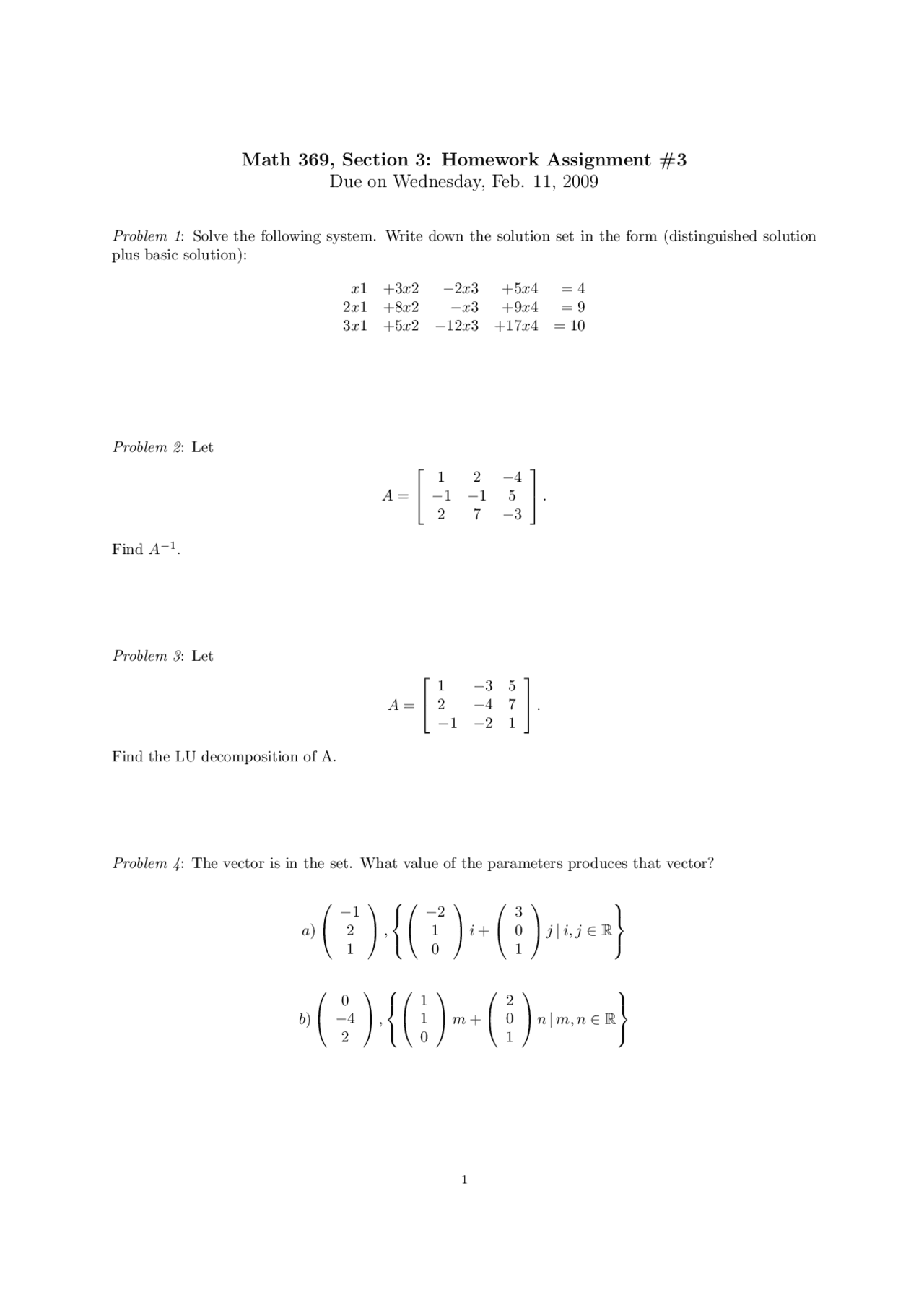 Math 369, Section 3: Homework Assignment #3 - Linear Algebra Problems | Assignments Linear ...