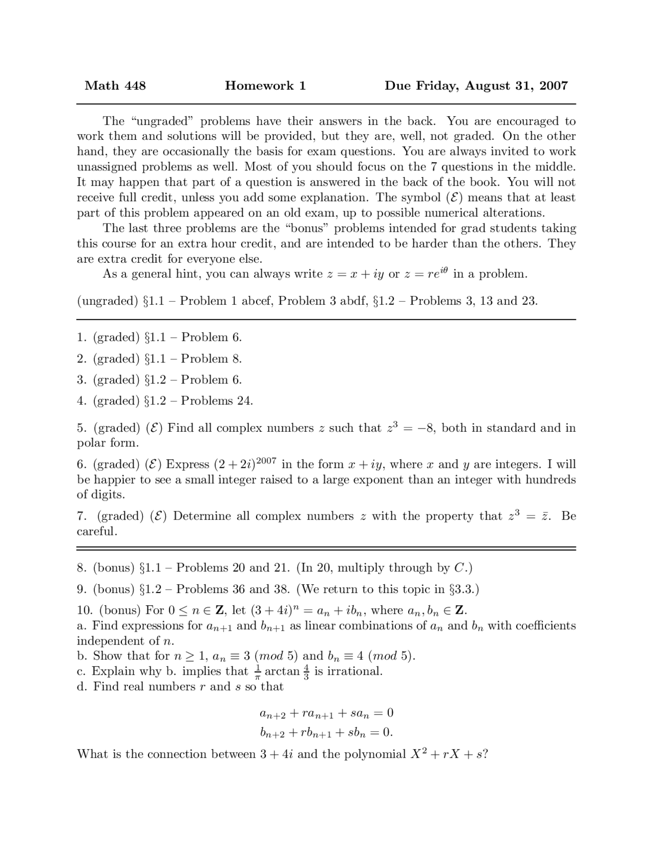 Homework 1 With 10 Questions Complex Variables 2007 Math 448