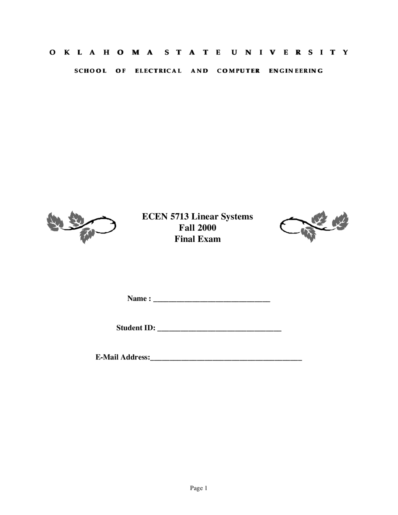 Final Exam For Linear Systems Fall 2000 Ecen 5713 Docsity