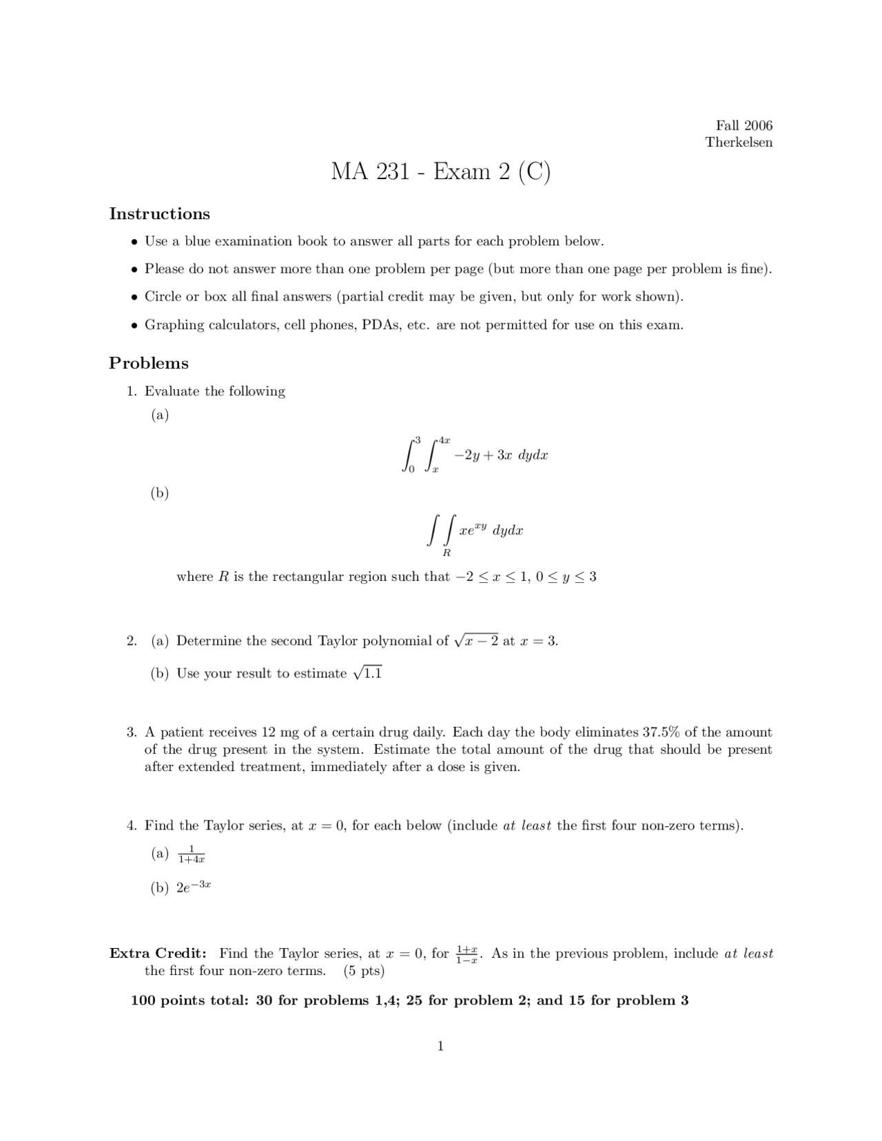 Exam 2 for Calculus for Life and Management Sciences | MA 231 | Exams ...