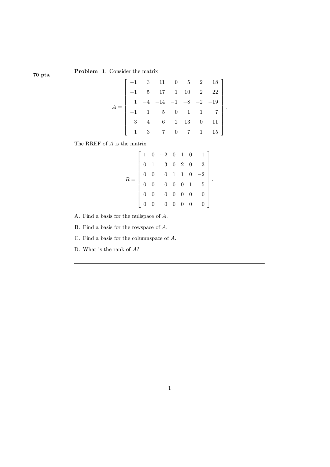 Exam Problems Linear Algebra Honors Math 2360 Docsity