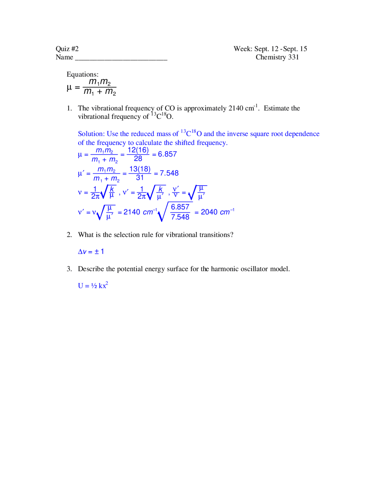 Quiz 2 With Solution For Introductory Physical Chemistry Ch 331