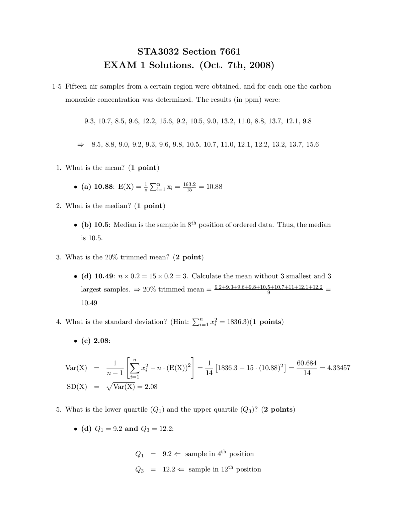 Exam 1 Questions With Solutions Engineer Statistics Sta 3032 Docsity