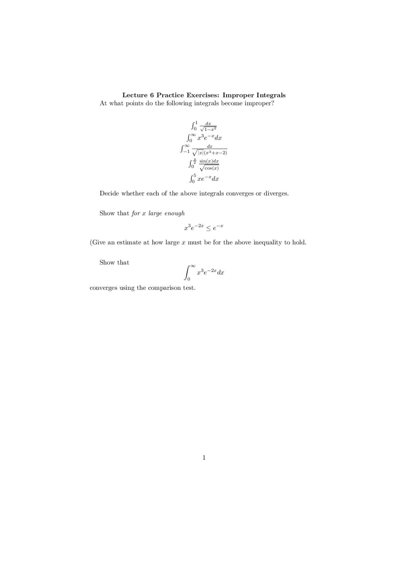 Practice Exercises For Improper Integrals Calculus Ii Math 231