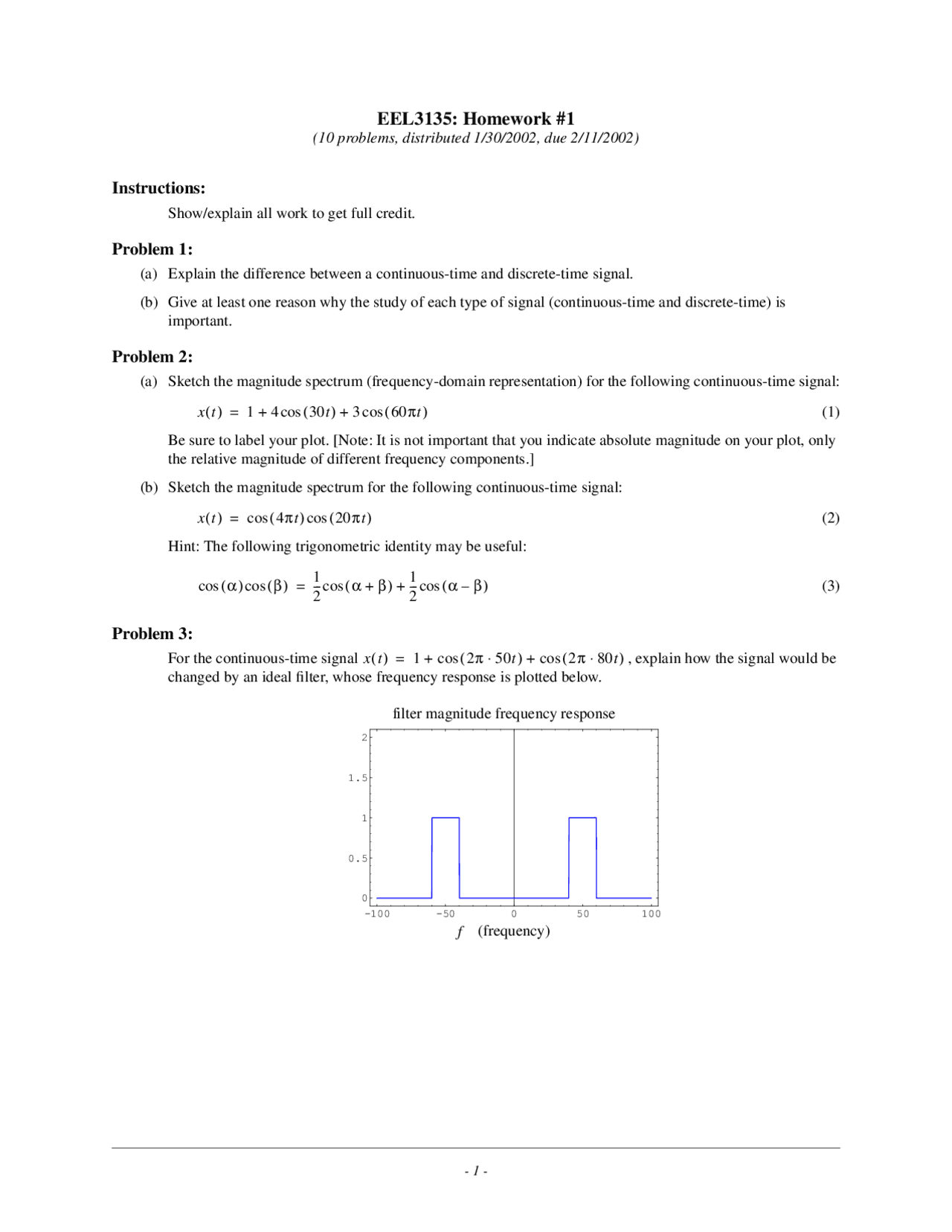 Problems On Introduction To Signals And Systems Homework Eel 3135