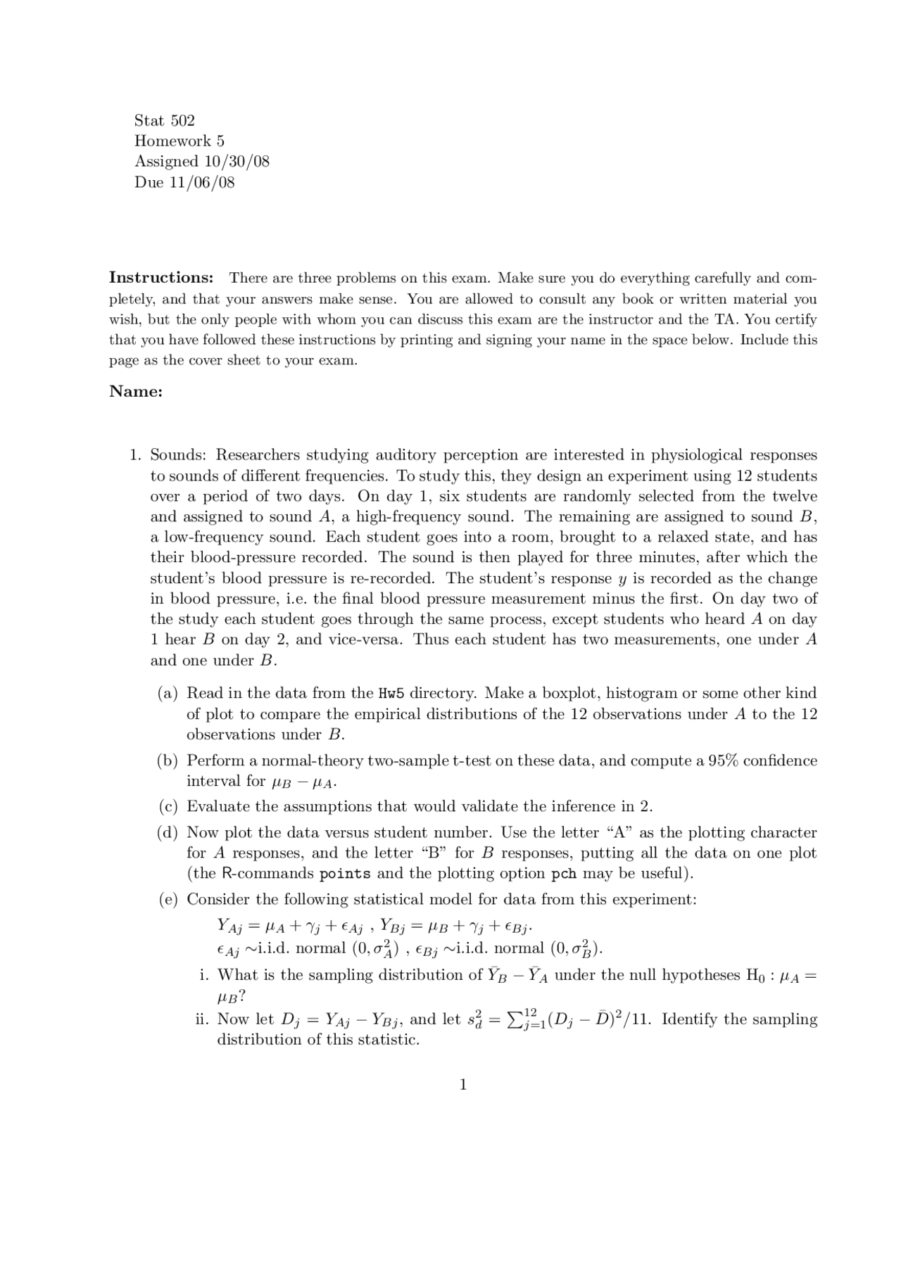 Design And Analysis Of Experiments Homework 5 Stat 502 Docsity