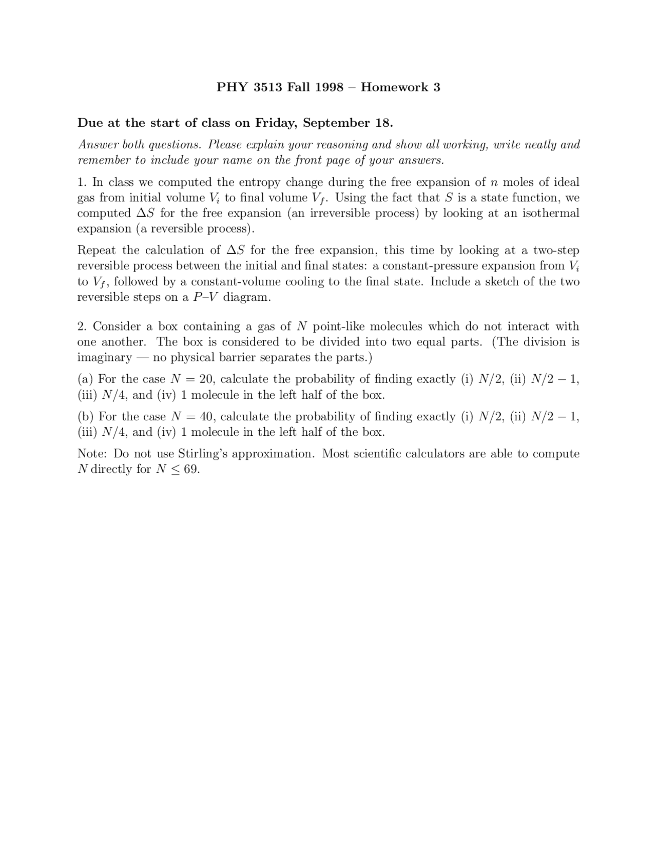 Thermal Physics Homework 3 Questions Phy 3513 Docsity