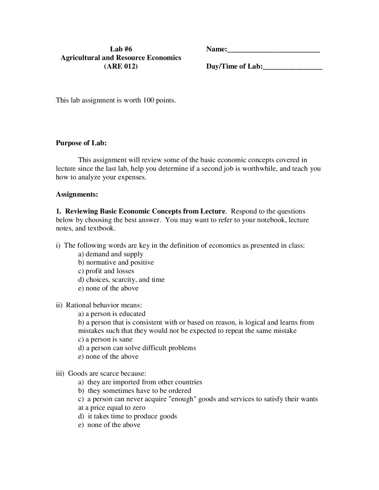 Economics Lab Exercise: Understanding Basic Economic Concepts and ...