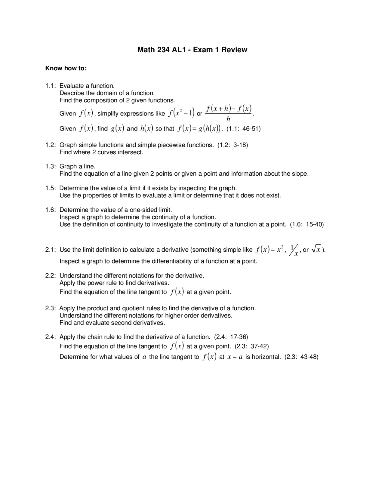 Calculus for Business I Exam 1 Review | MATH 234 - Docsity