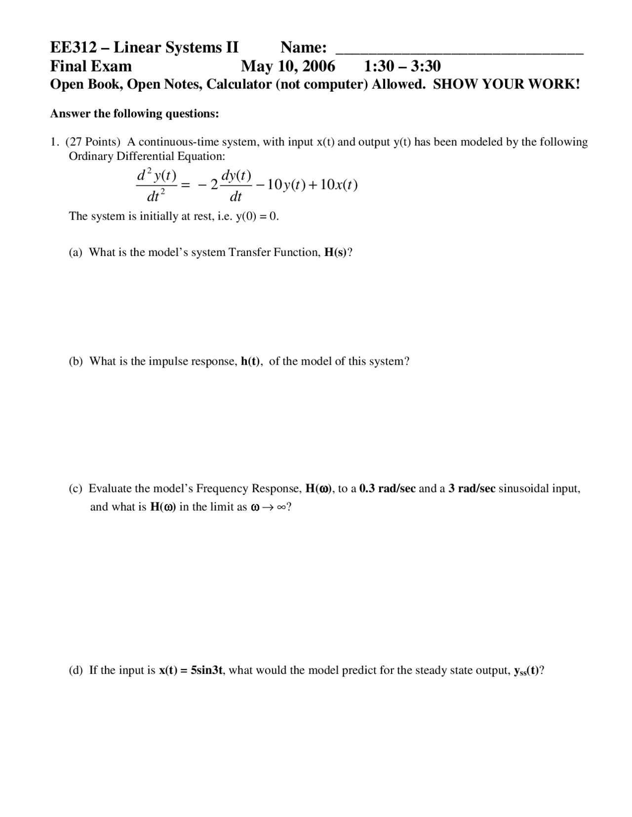 4 Questions For Final Exam Linear System Analysis Ii Ece 312 Docsity