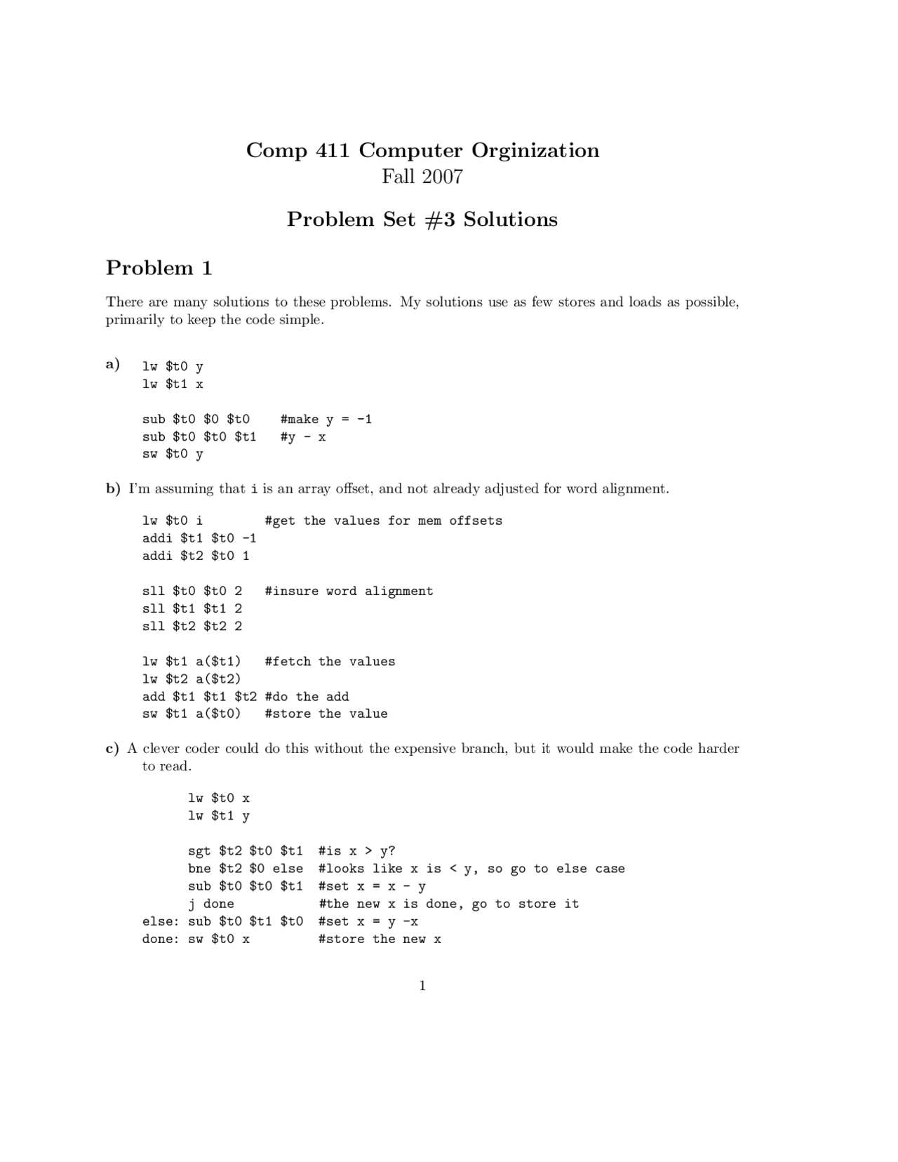 Problem Set 3 With Solution Computer Organization Comp 411 Docsity