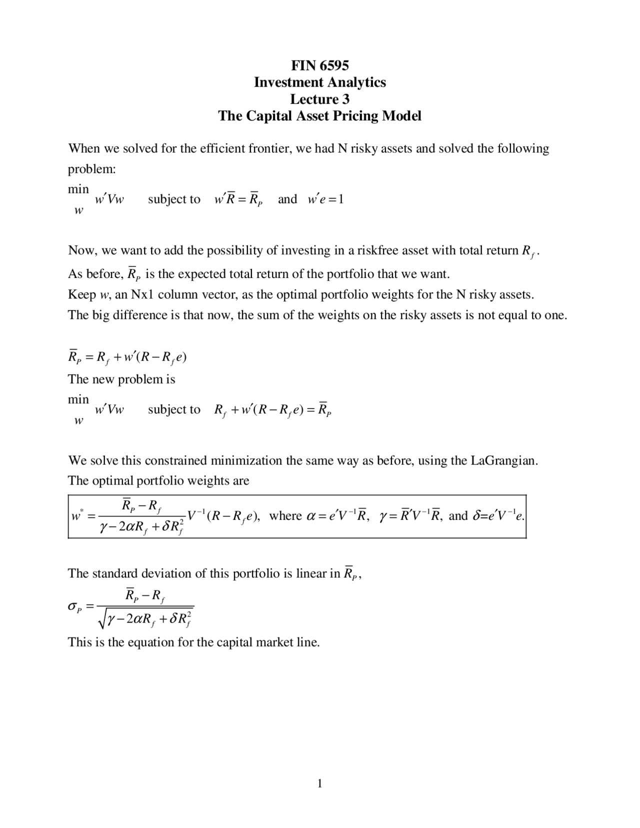 The Capital Asset Pricing Model Lecture Notes Fin 6930 Docsity