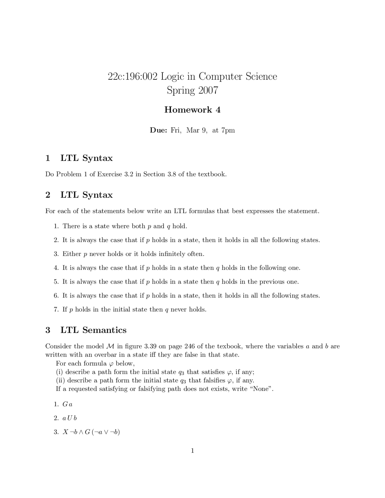 LTL Syntax, Semantics, Equivalences | 22C 196 | Assignments Computer Science | Docsity