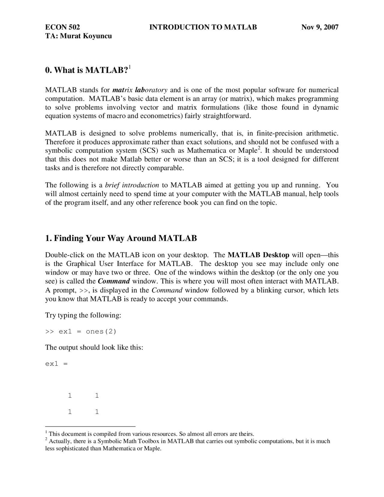 Notes On Introduction To Matlab Macroeconomics Analysis I Econ 502