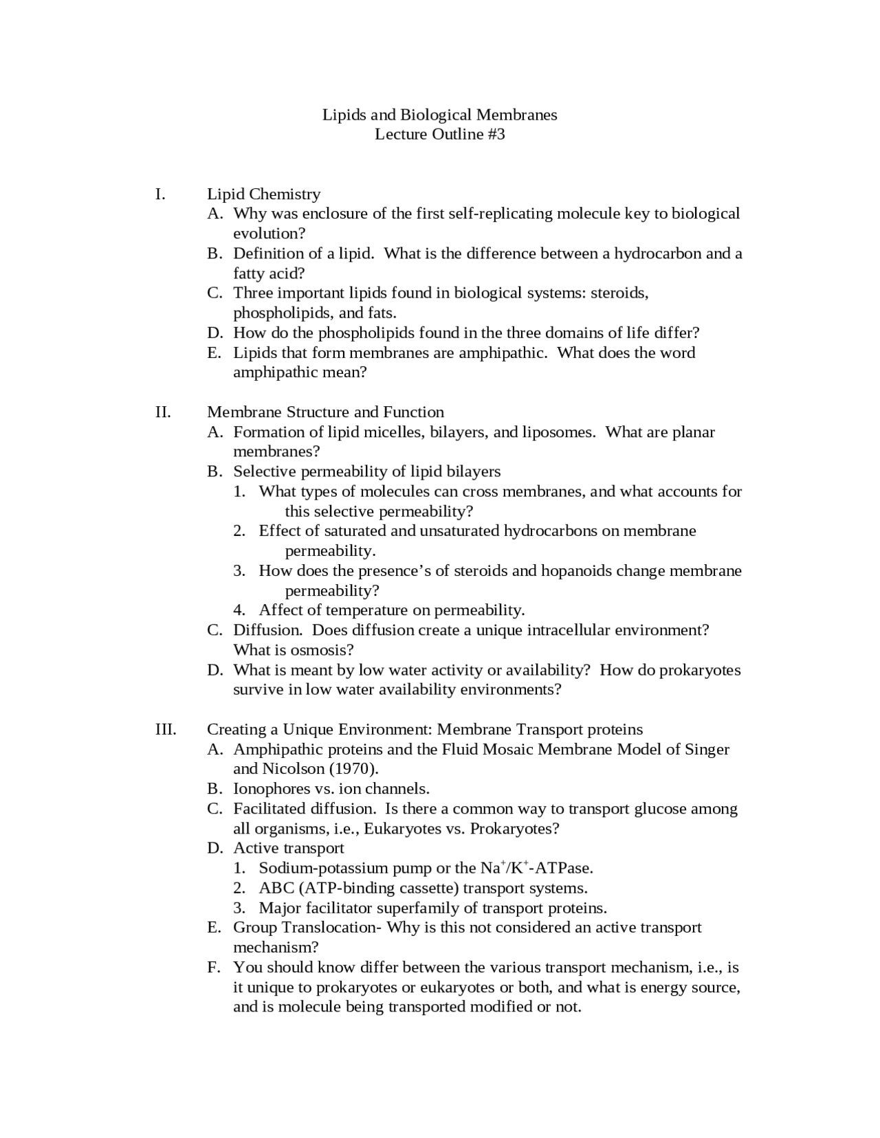 Lecture Outline 3 Lipid And Biological Membranes Biol 200 Docsity