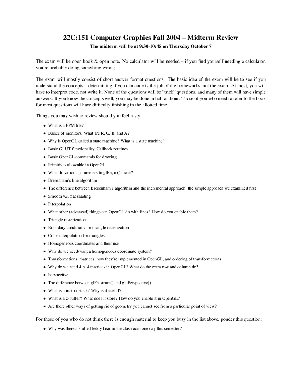 Midterm Review For Computer Graphics 22c 151 Docsity