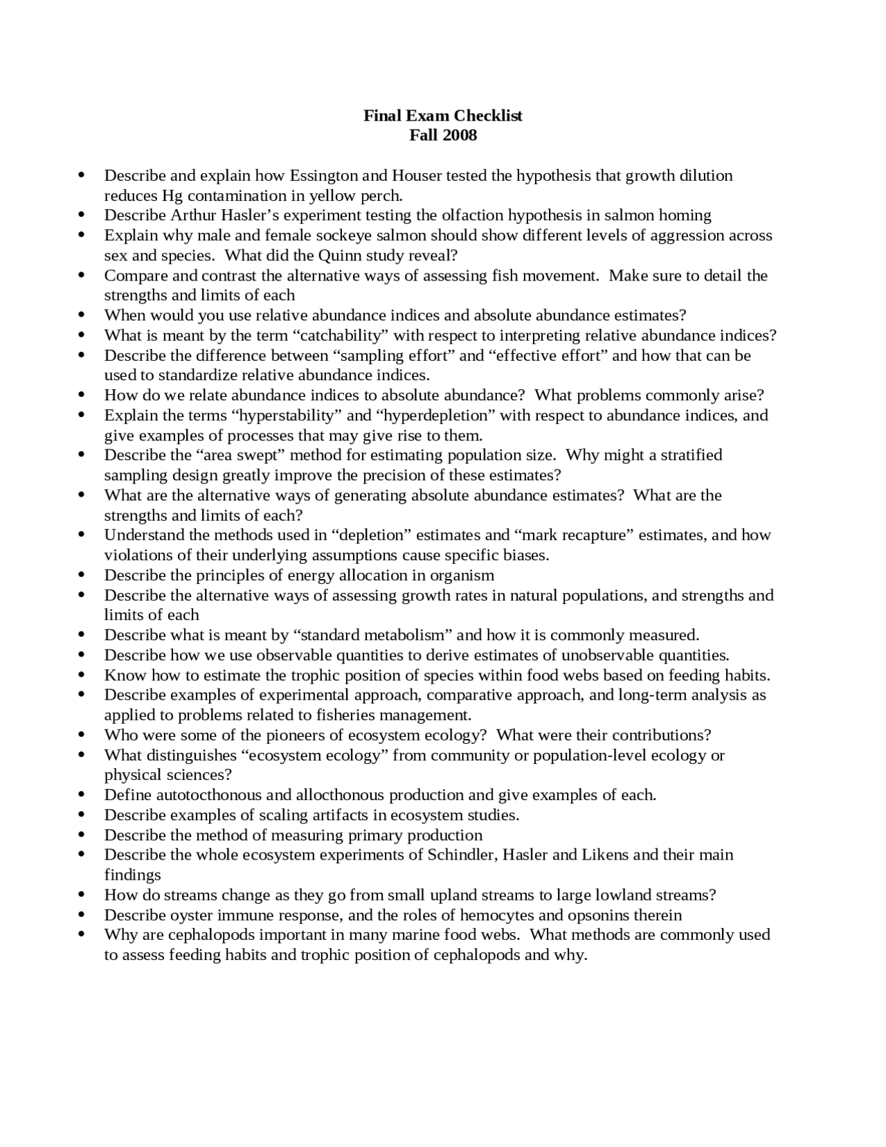 Final Exam Study Questions - Fish Theory and Methods | FISH 210 - Docsity