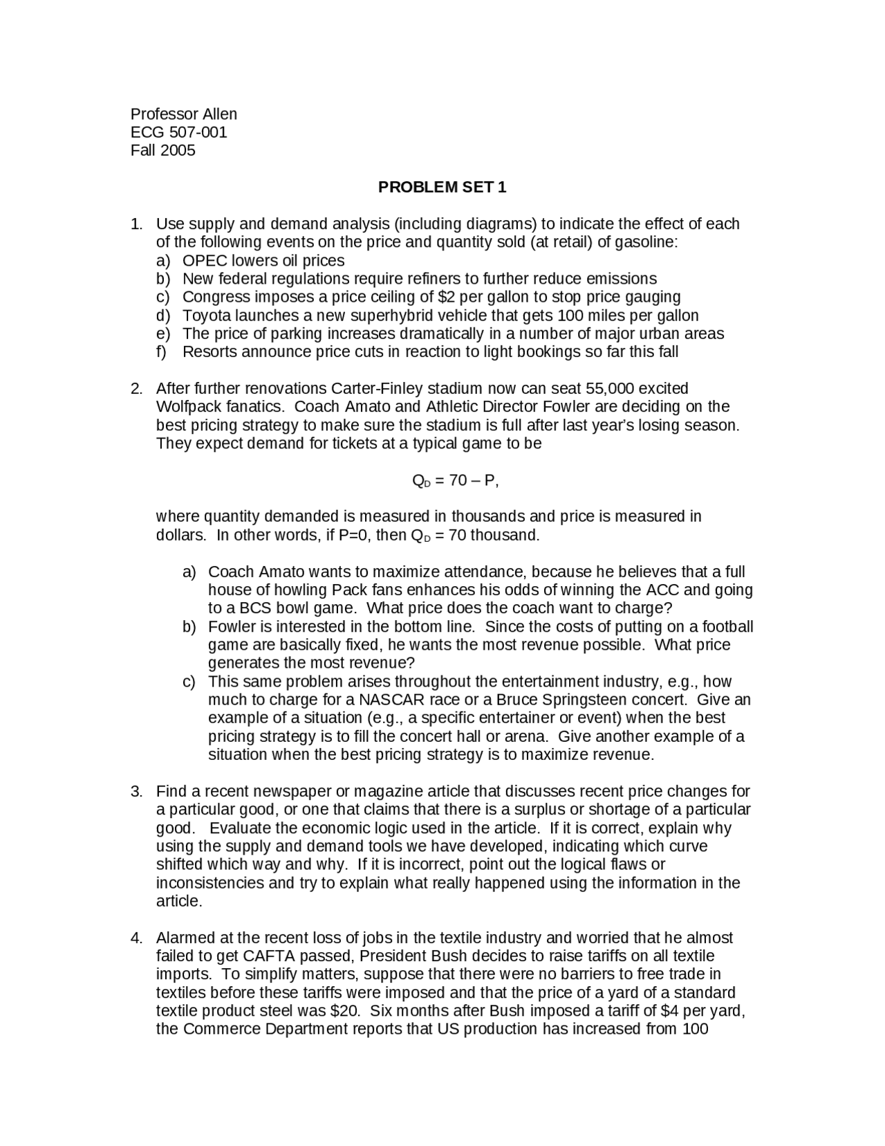 Problem Set 1 Practice Economics For Managers Ecg 507 Docsity