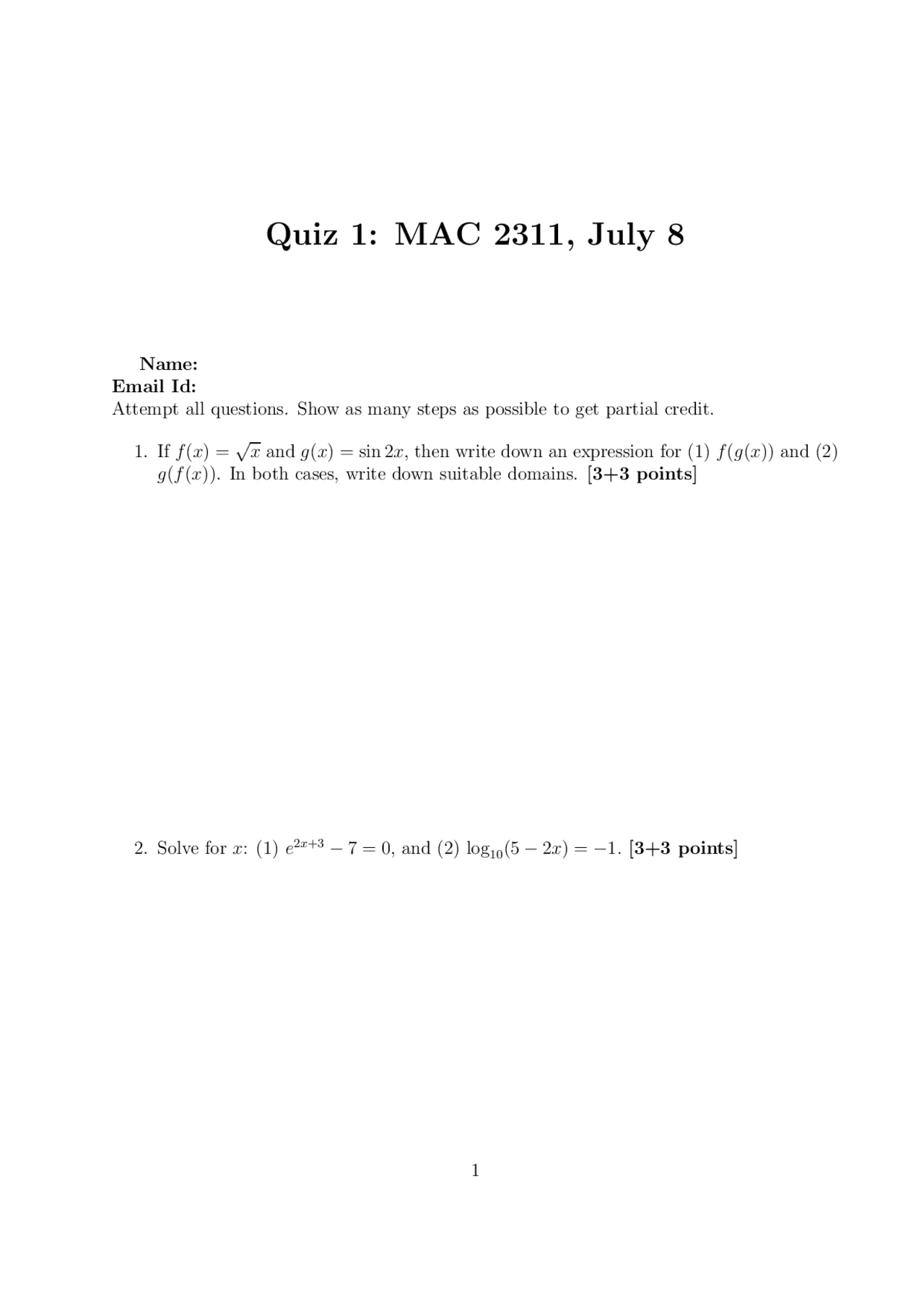 Find Domains And Inverse Function Quiz 1 Mac 2311 Docsity