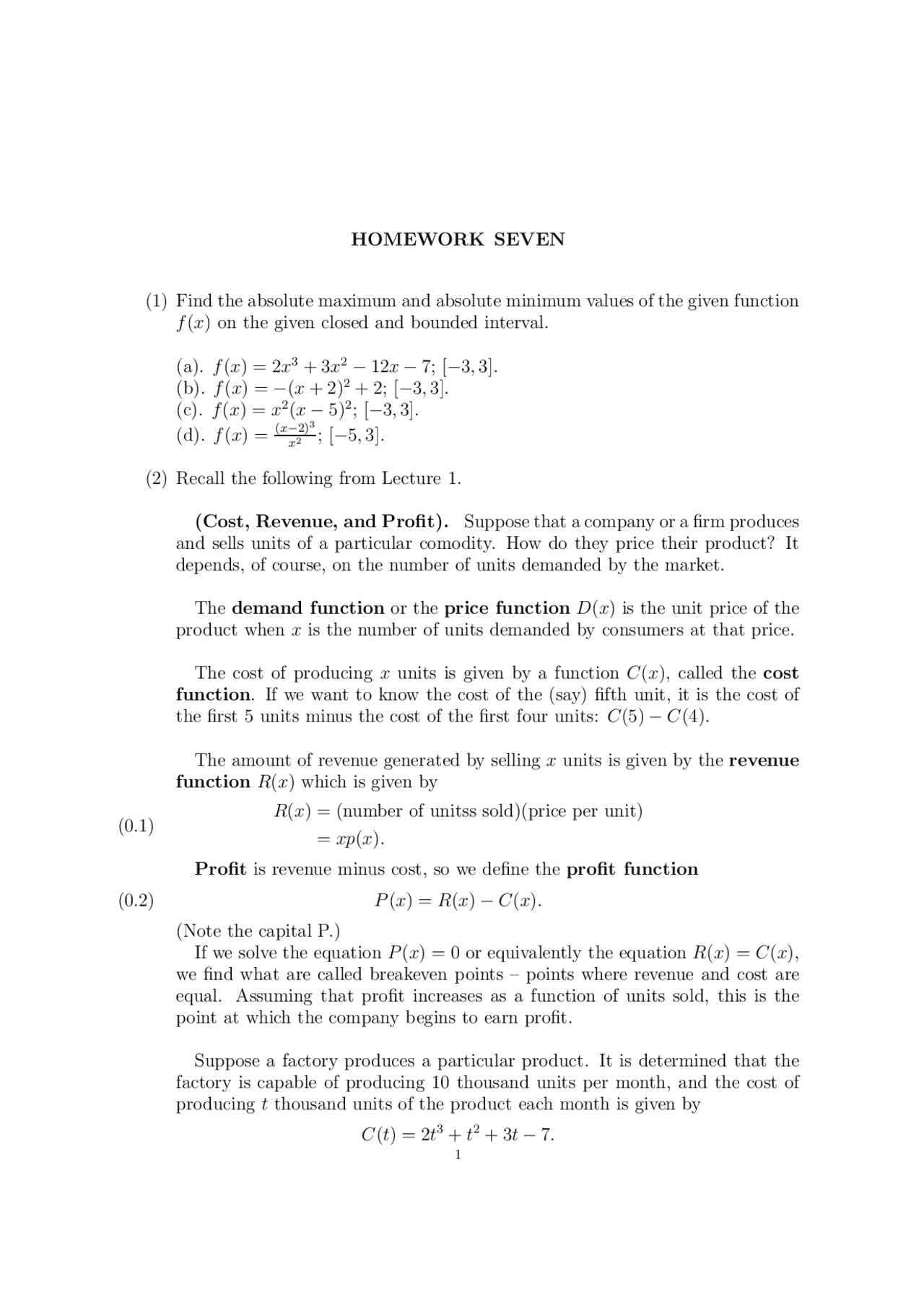 Assignment 7 Unsolved Questions Calculus For Business I Math 234