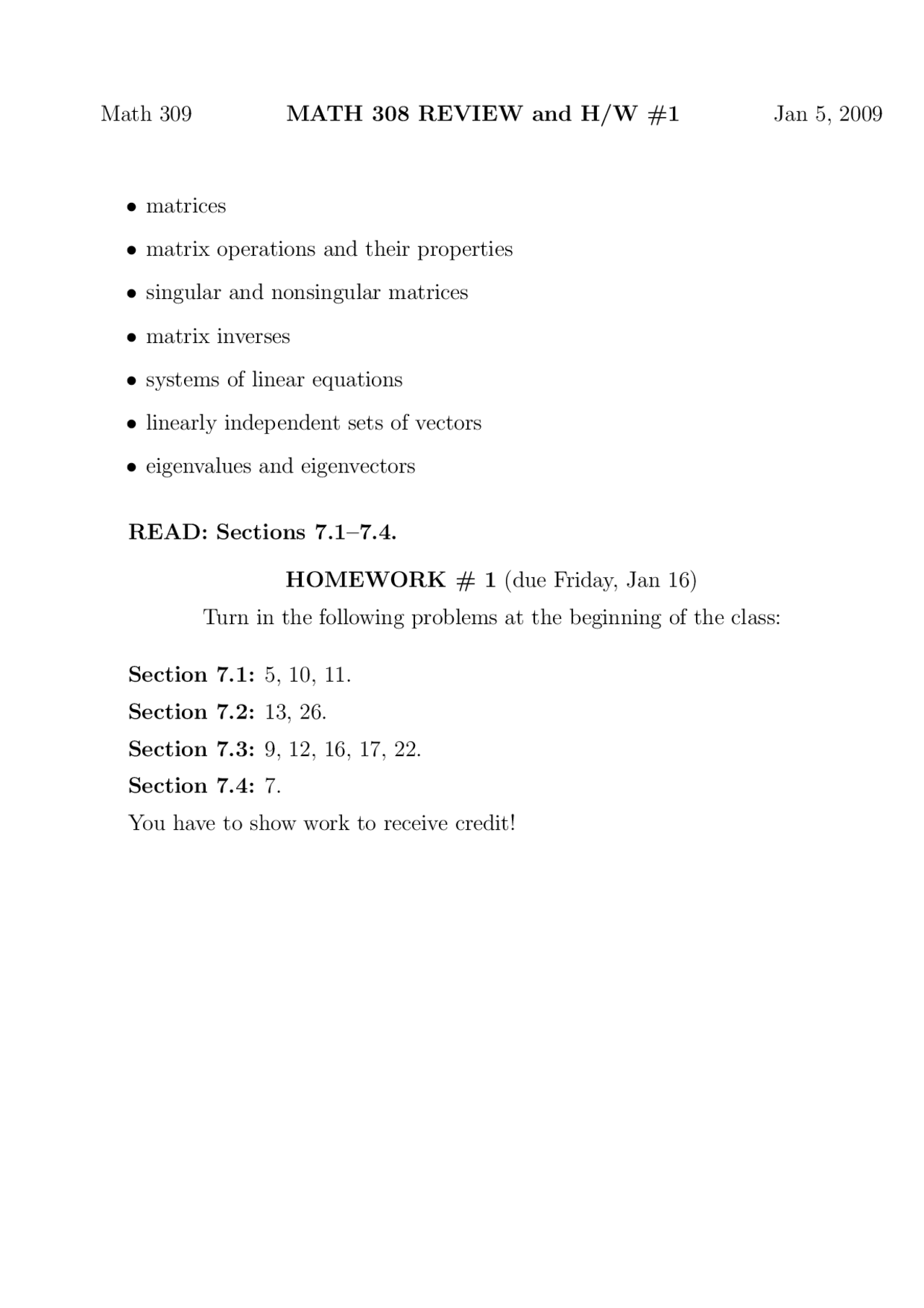 Homework 1 Review Questions Linear Analysis Math 309 Docsity