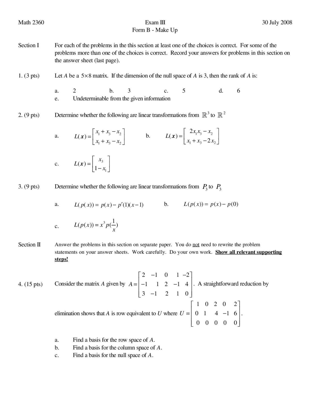 Exam 3 Form B Problems Linear Algebra Honors Math 2360 Docsity