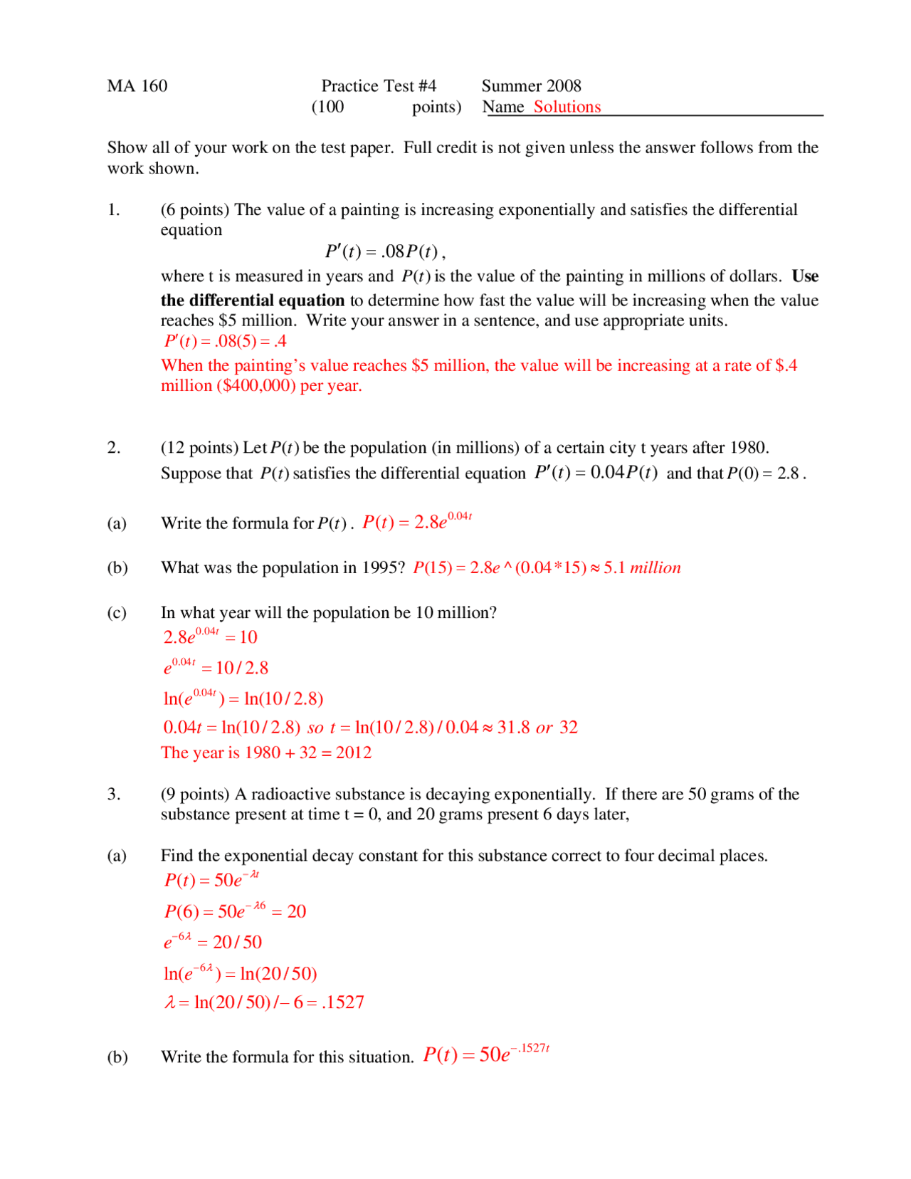 Practice Test 4 Elementary Applied Calculus I Ma 160 Docsity