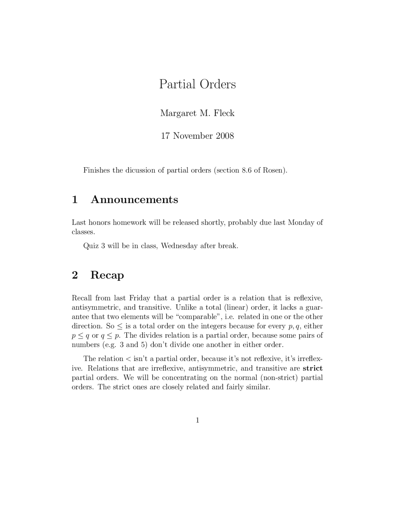 Partial Orders Discrete Structures Review Sheet Cs 173 Docsity