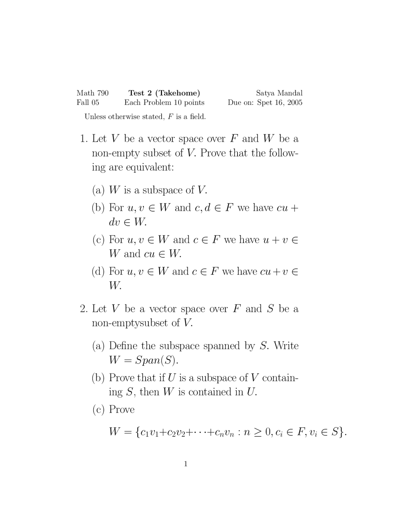 Linear Algebra Ii Past Paper Questions 2005 Math 790 Docsity