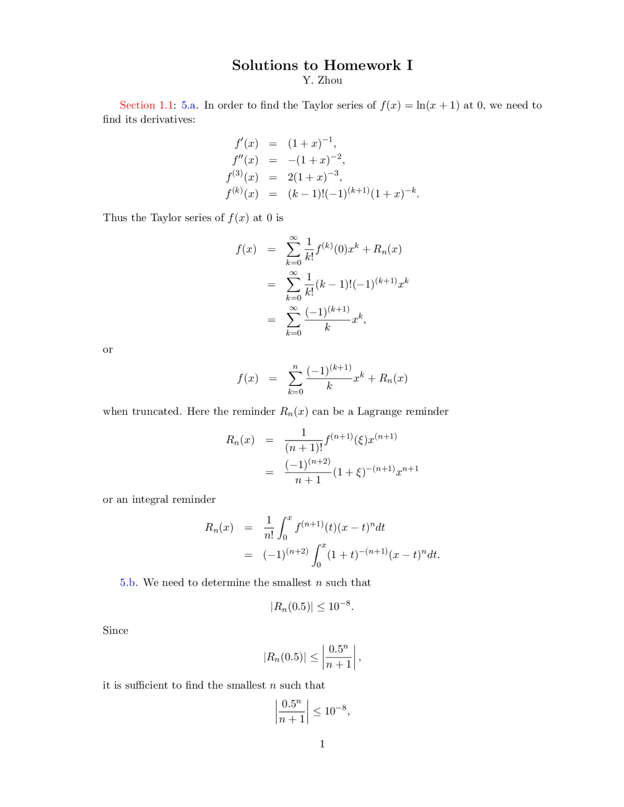 Introduction To Numerical Analysis I Homework 1 Solutions Math 450