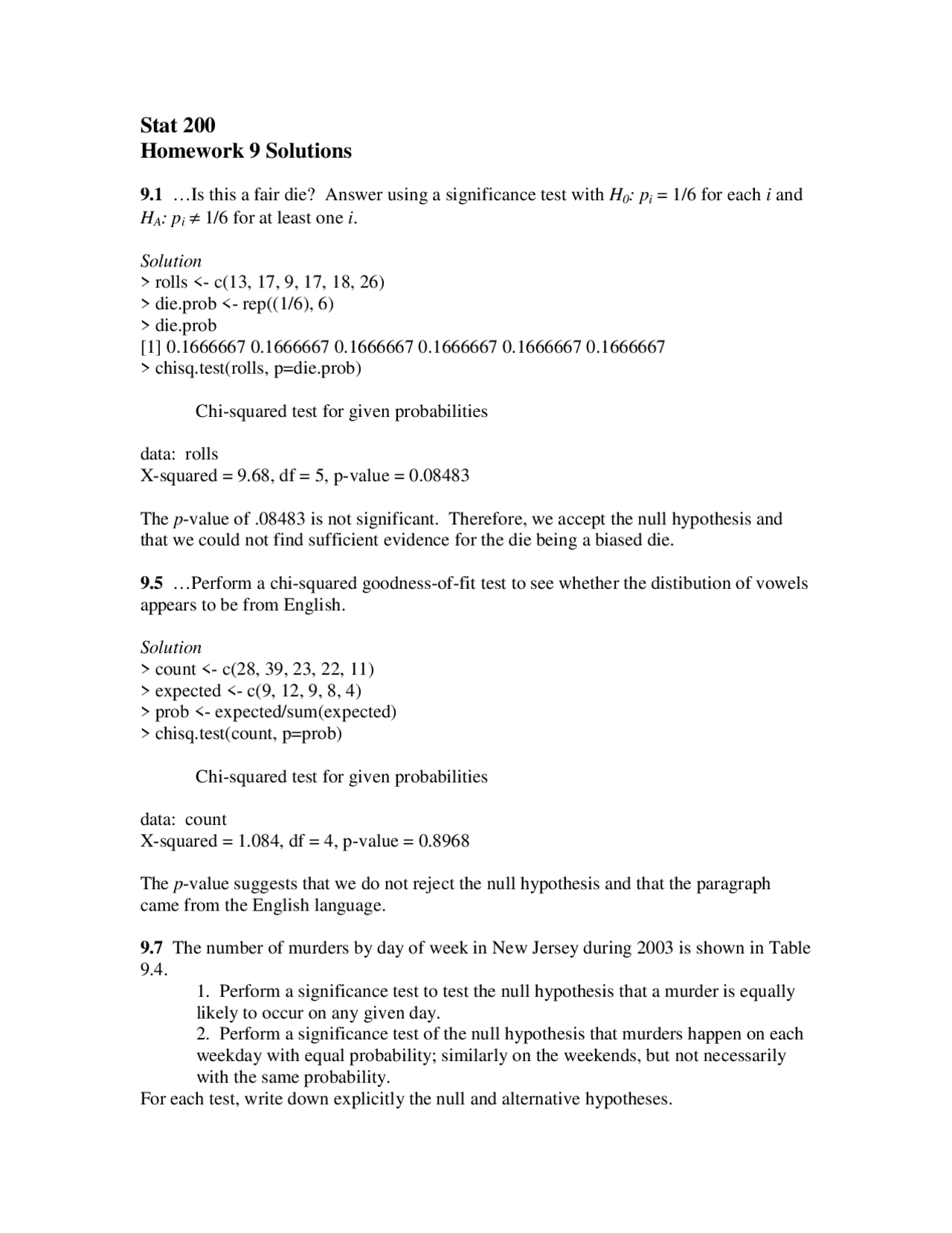 Solutions Homework 9 Statistical Analysis Stat 200 Docsity