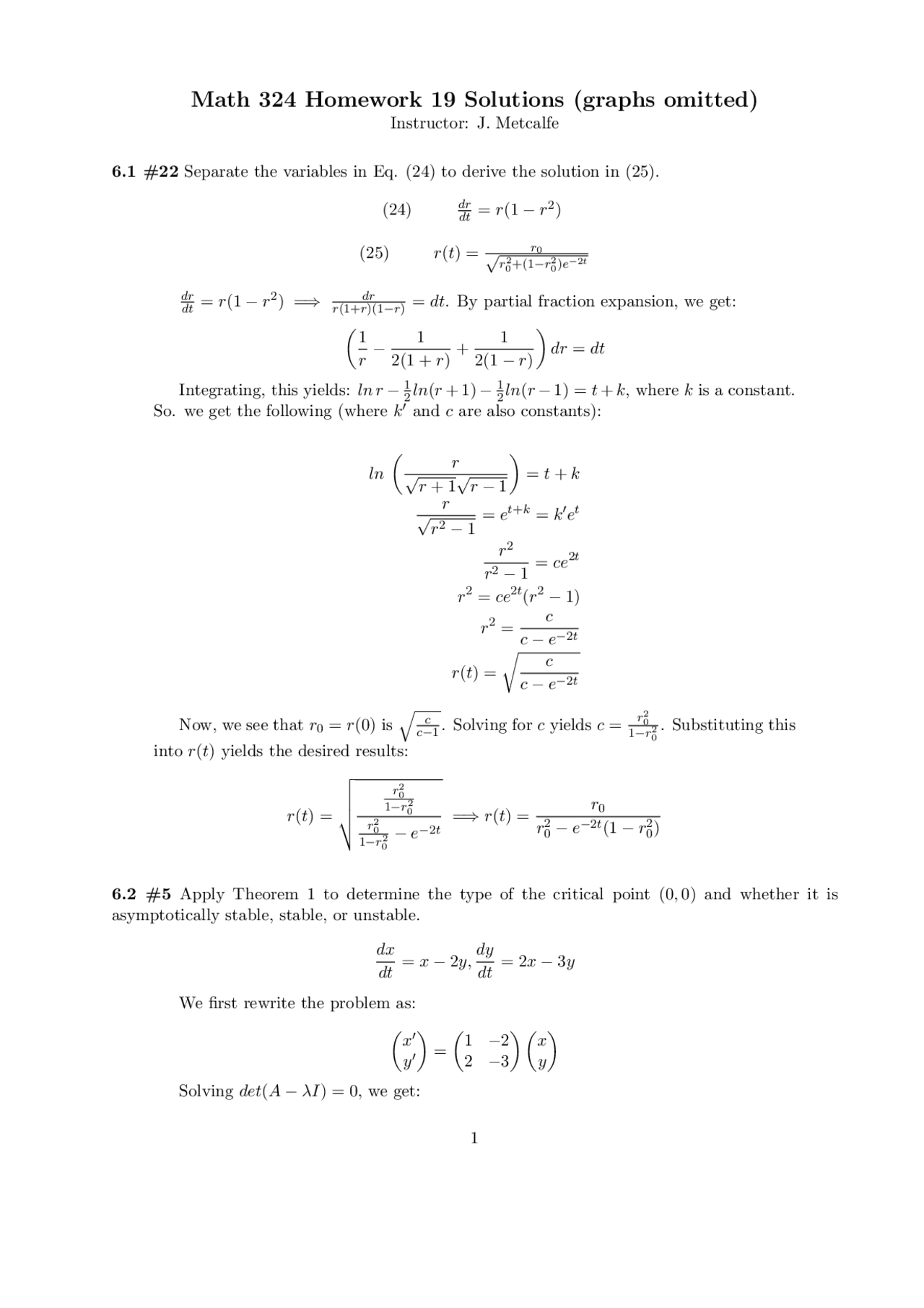 Homework 19 Solutions | Elementary Differential Equations | MATH 524 | Assignments Differential ...